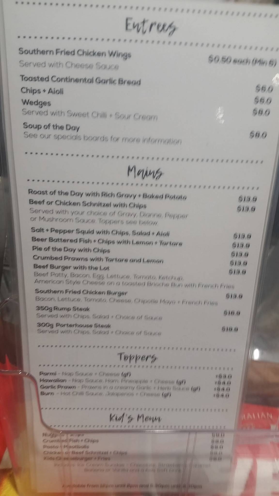 Menu at The Somerset Hotel pub & bar, Para Hills