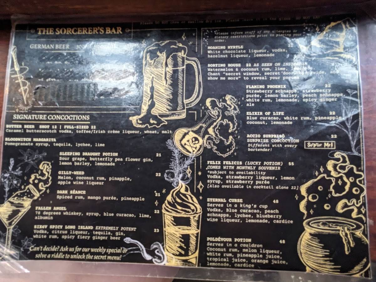 Menu at The Sorcerer's Bar, Adelaide
