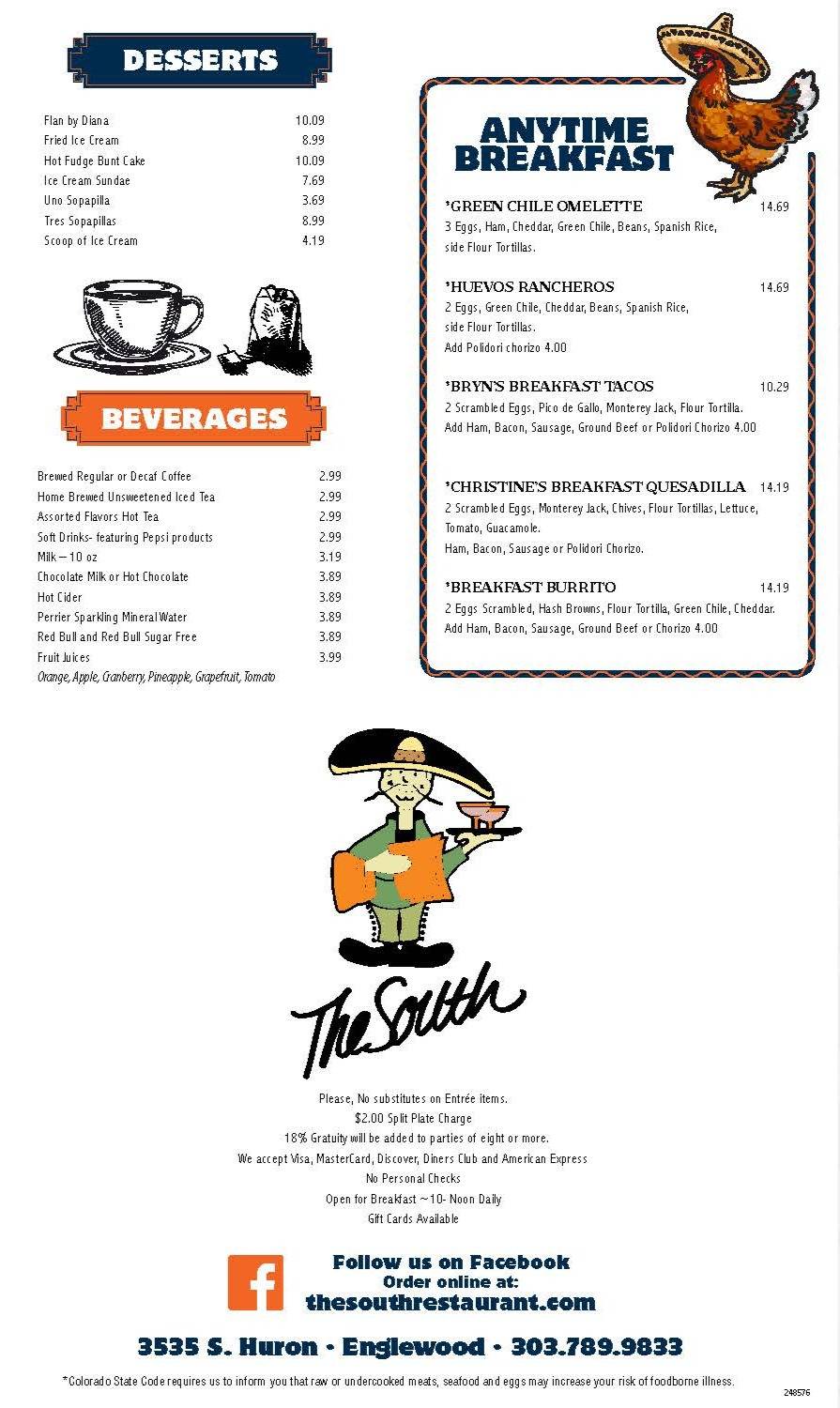 Menu at The South Restaurant, Englewood