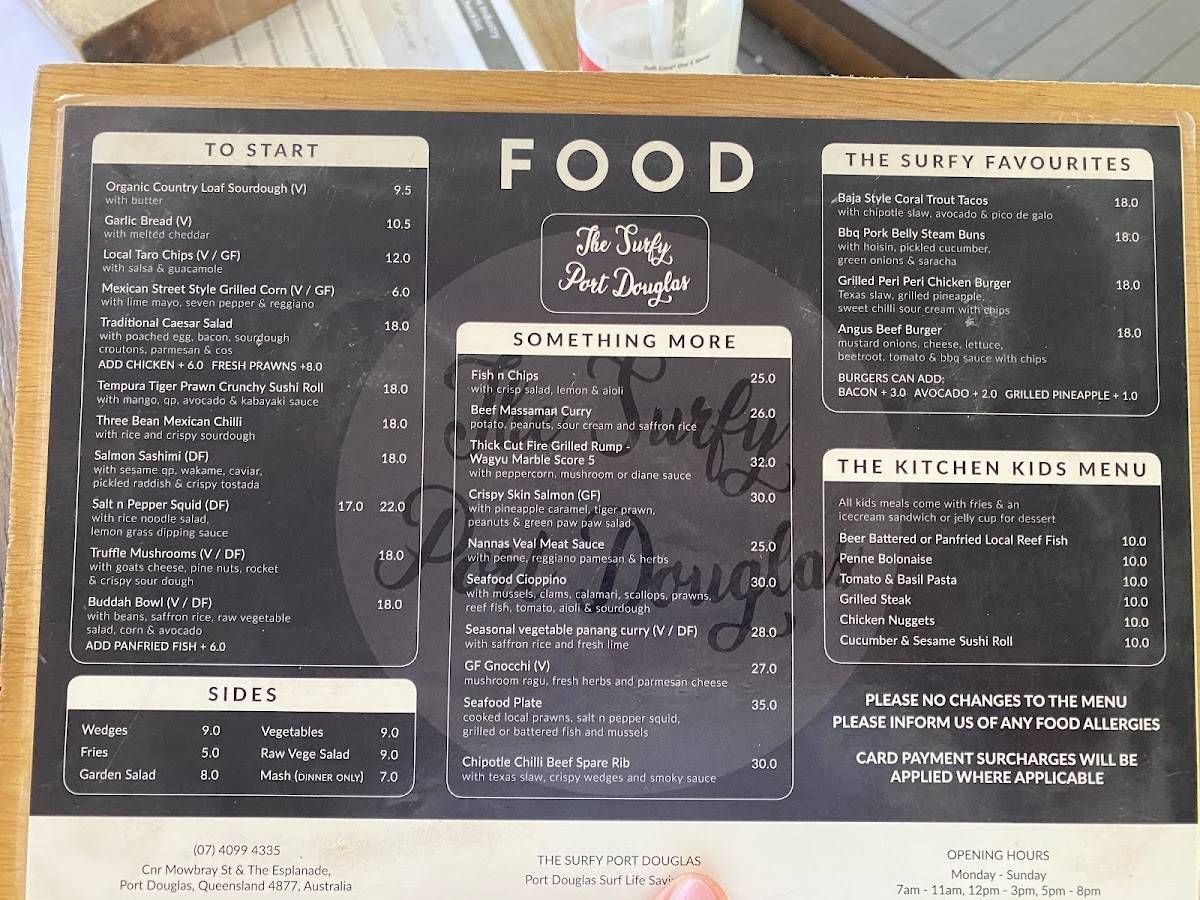 Menu at The Surfy pub & bar, Port Douglas, Mowbray St