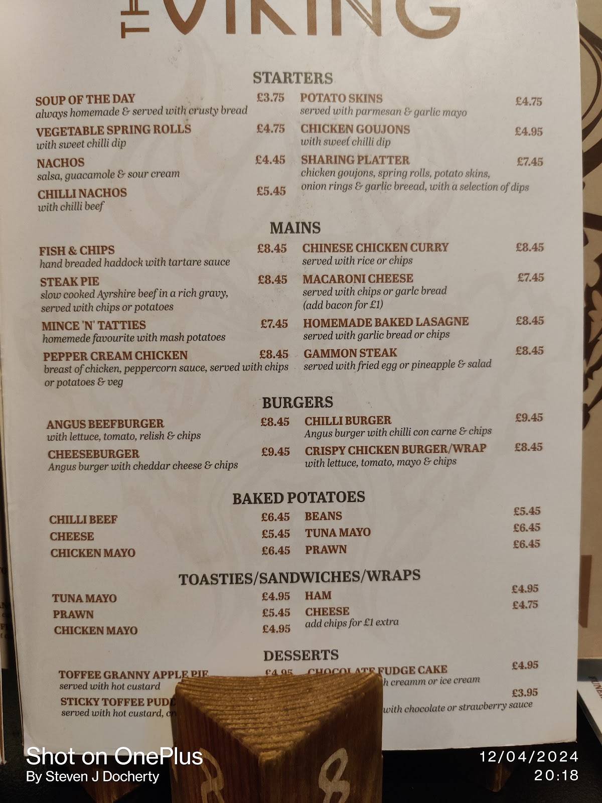 Menu at The Viking Bar, Glasgow