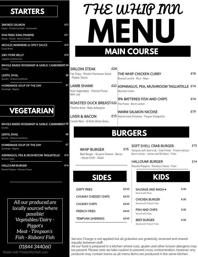 Menu at The Whip Inn pub & bar, Princes Risborough