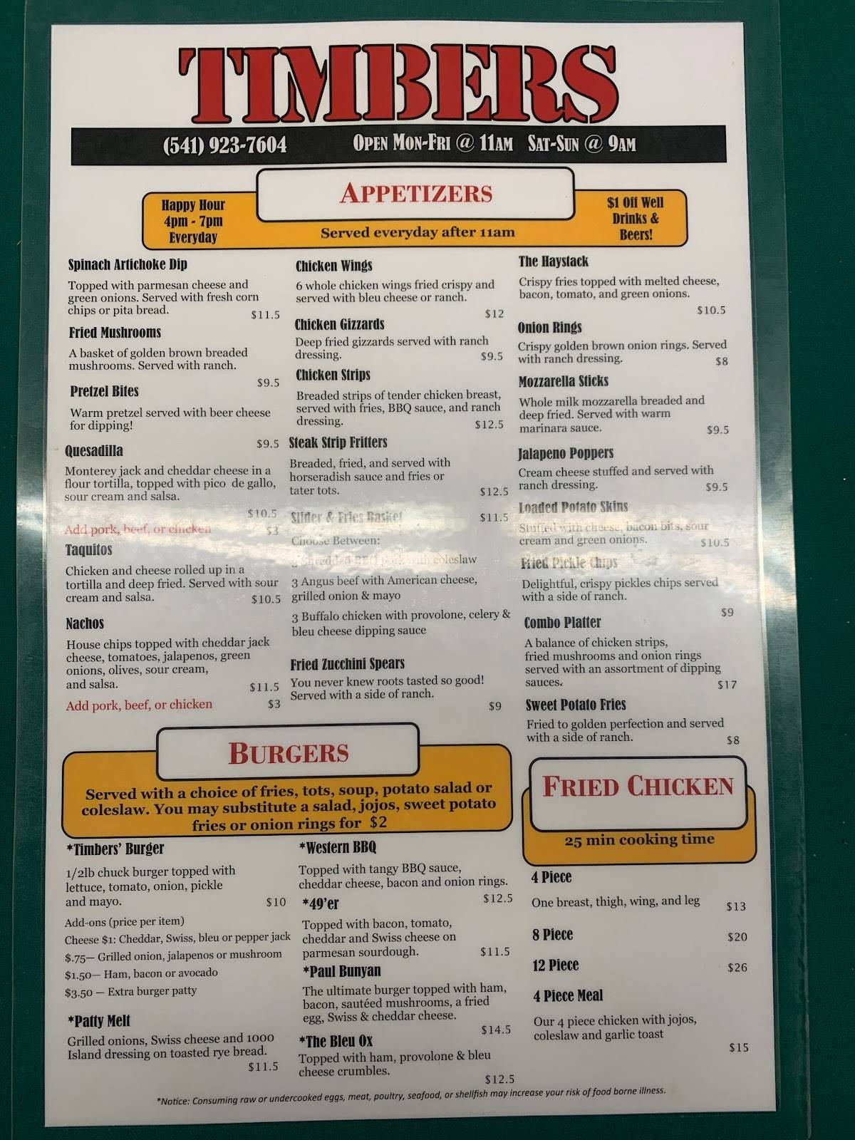 Menu at Timber's Bar & Grill Redmond, Redmond