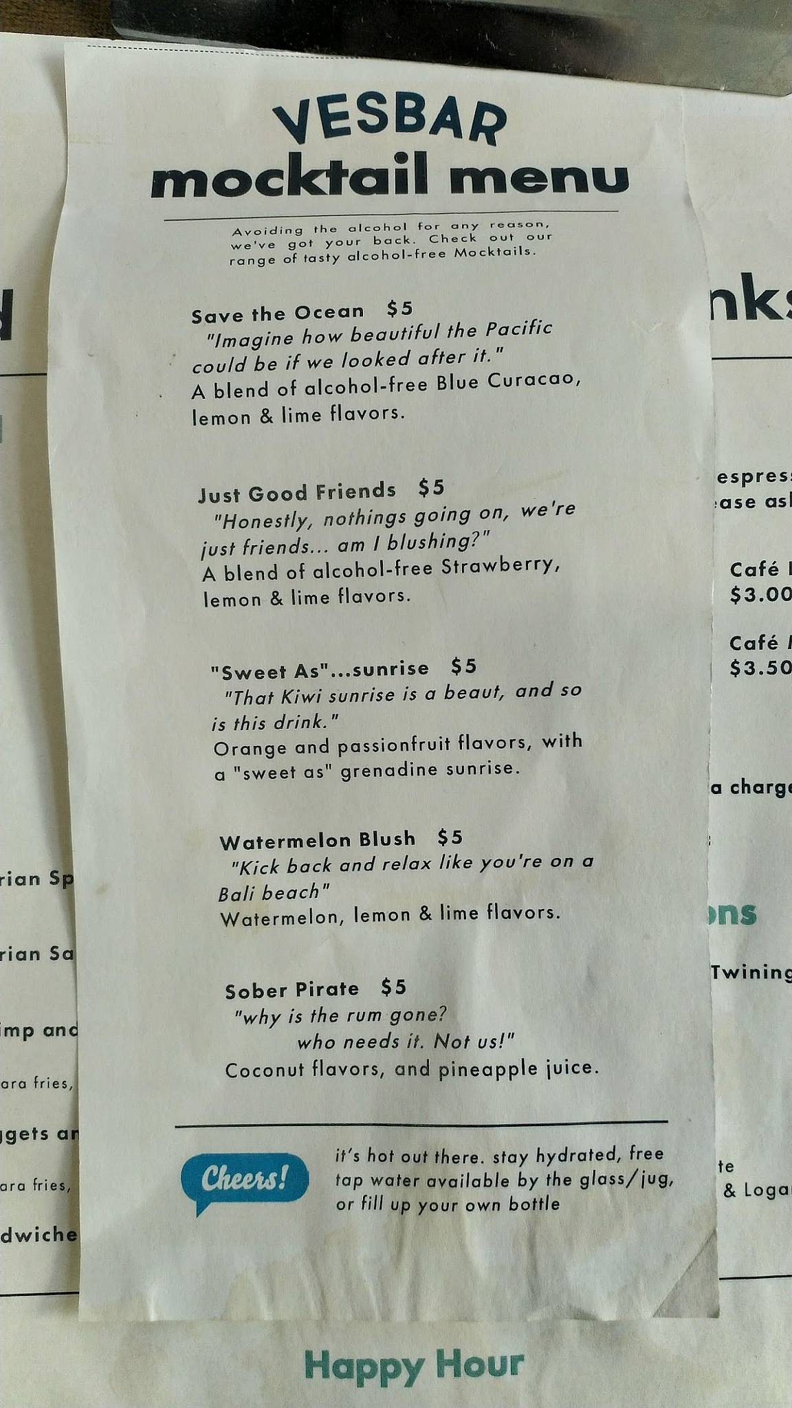 Menu at Vesbar, Auckland