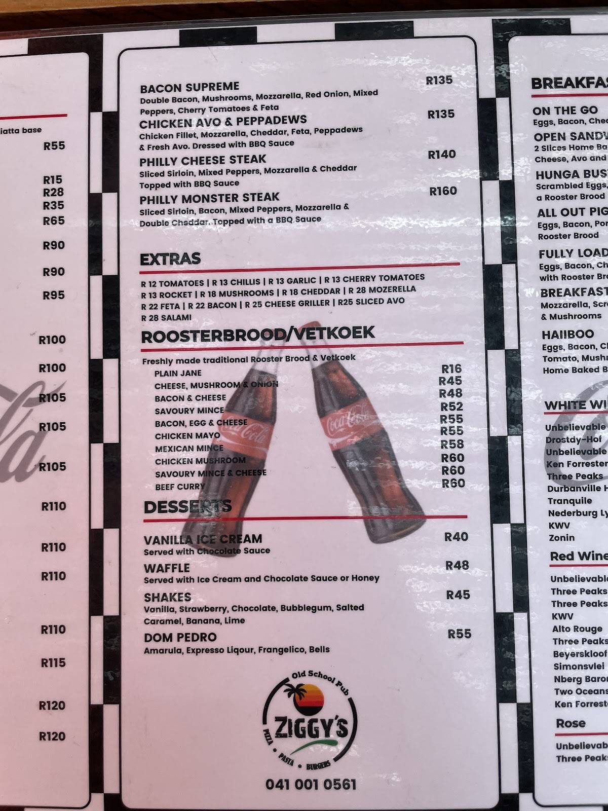 Menu at Ziggy's Old School Pub, Port Elizabeth