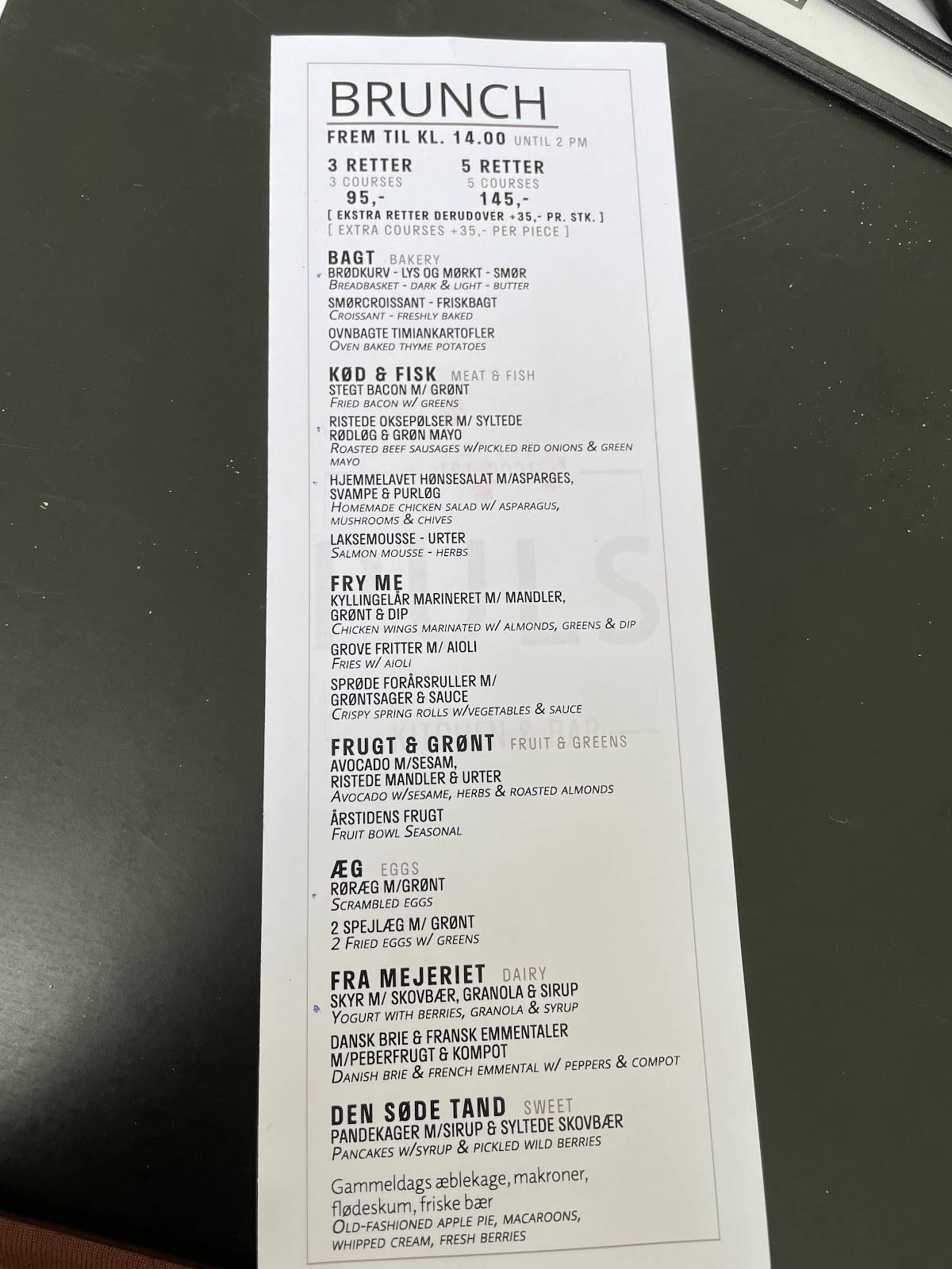 Menu at Puls Kitchen & Bar, Copenhagen, Arne Jacobsens Allé 9