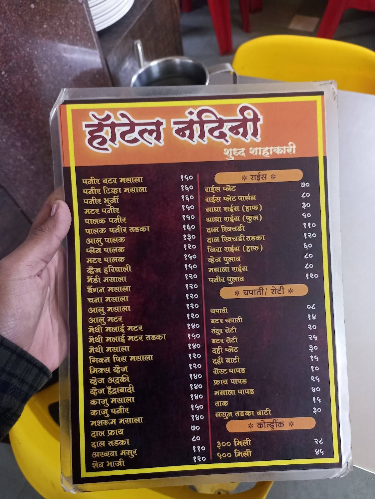 Menu at Nandini hotel, Pune