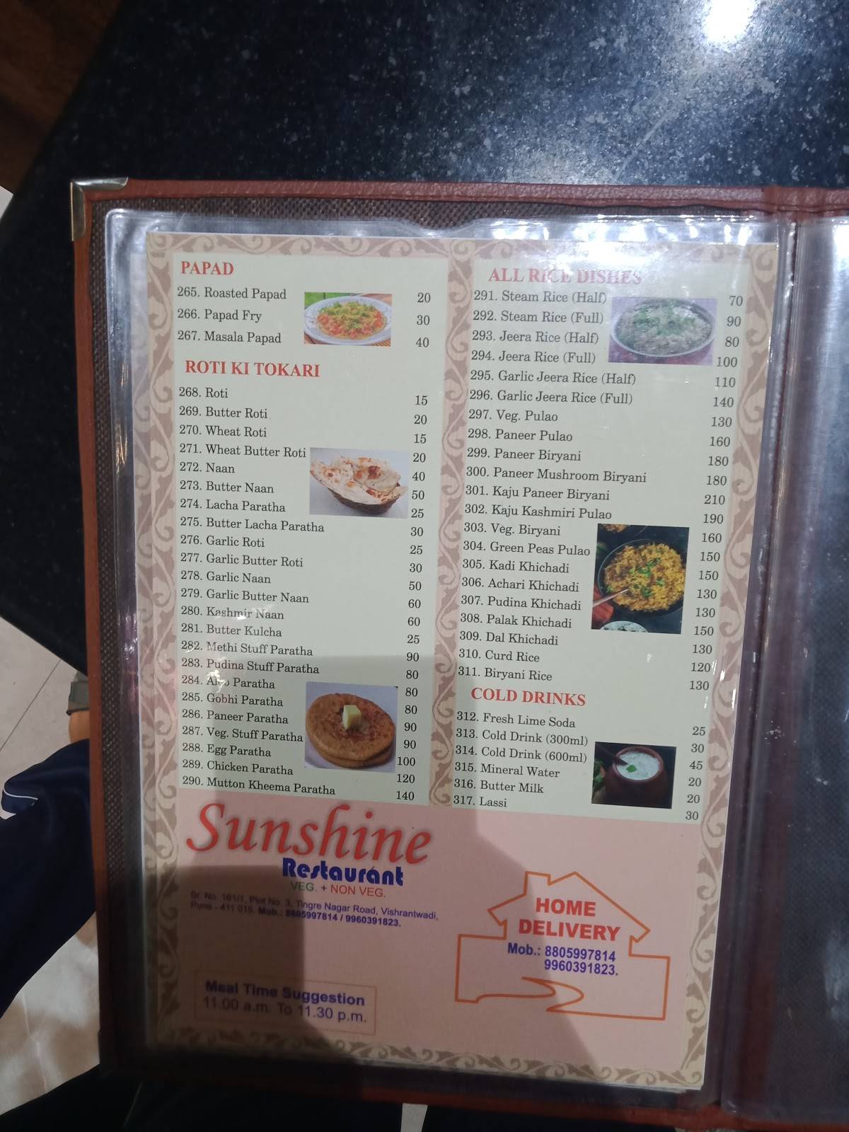 Menu at Sunshine Restaurant, Pune, s. no. 161 / 1