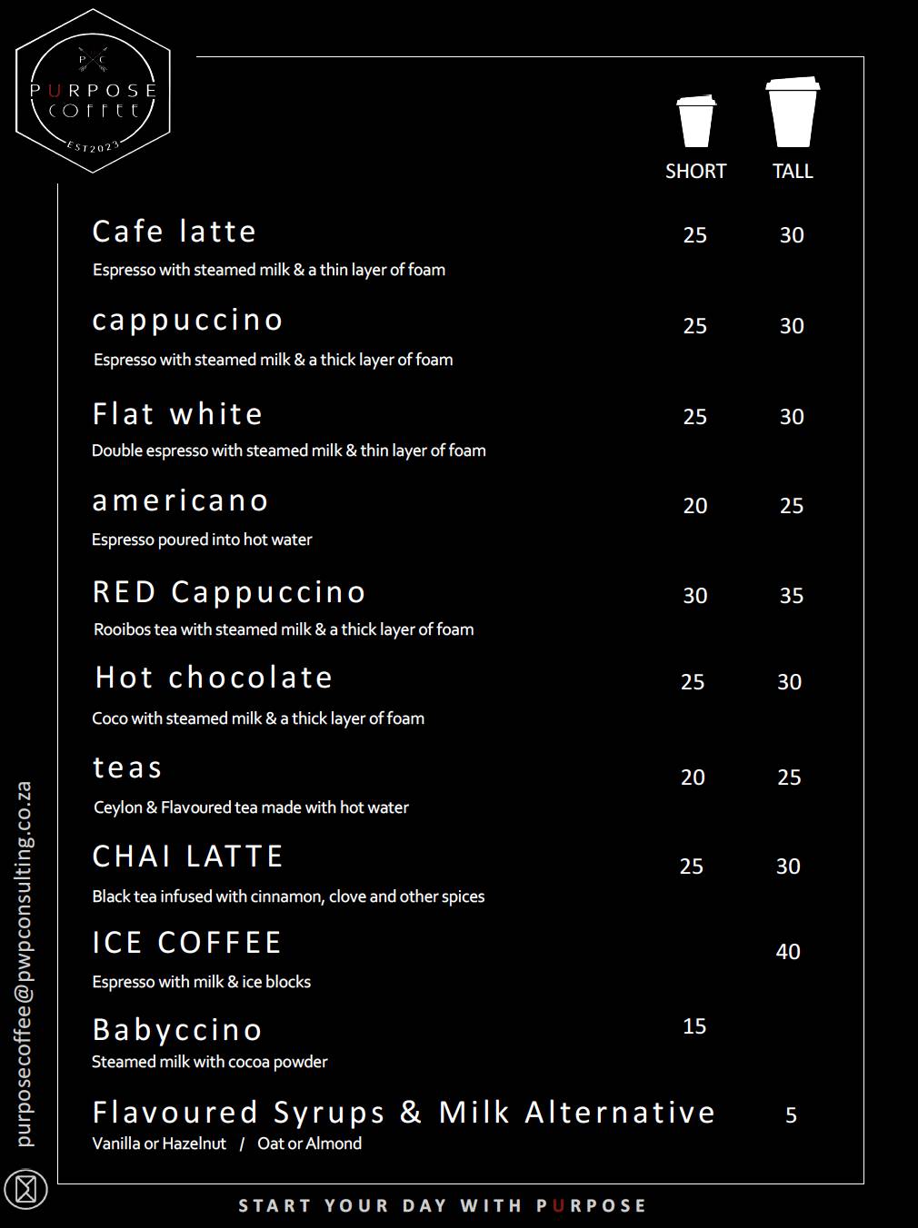 Menu at Purpose Coffee Shop, Cape Town