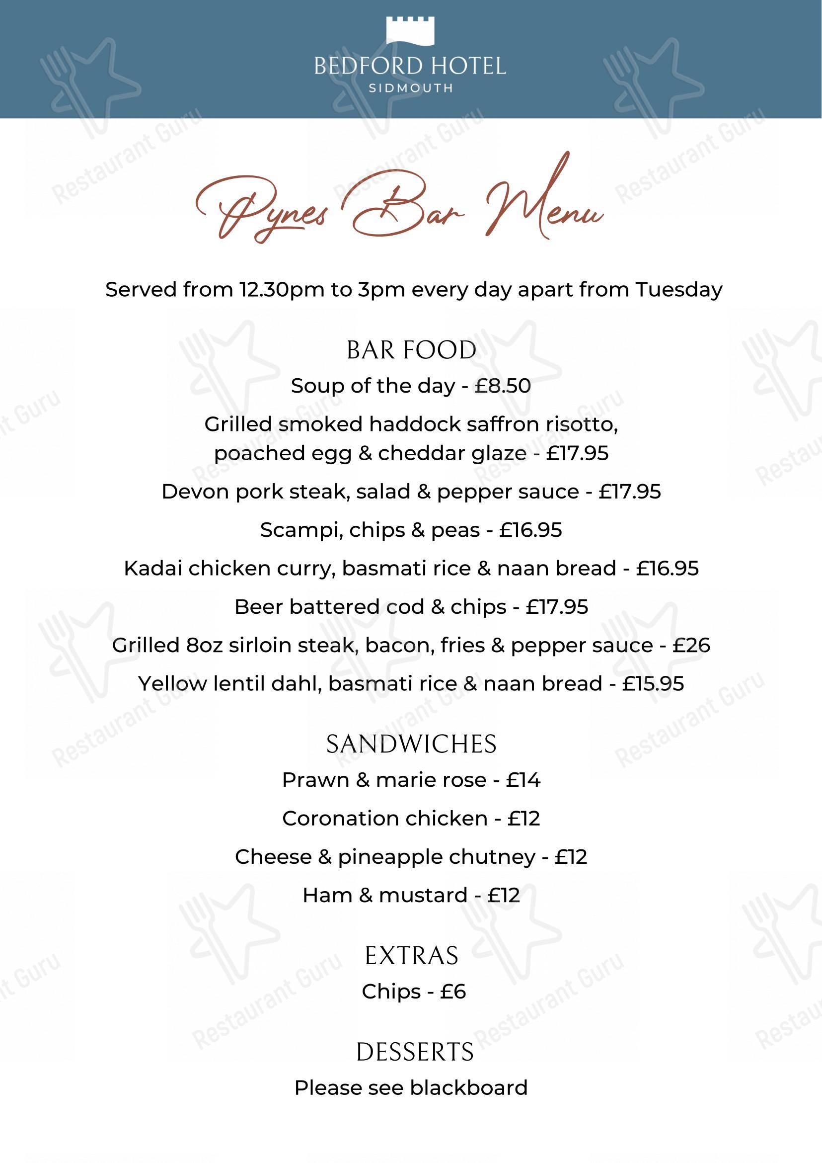Menu at Pyne's Bar, Sidmouth