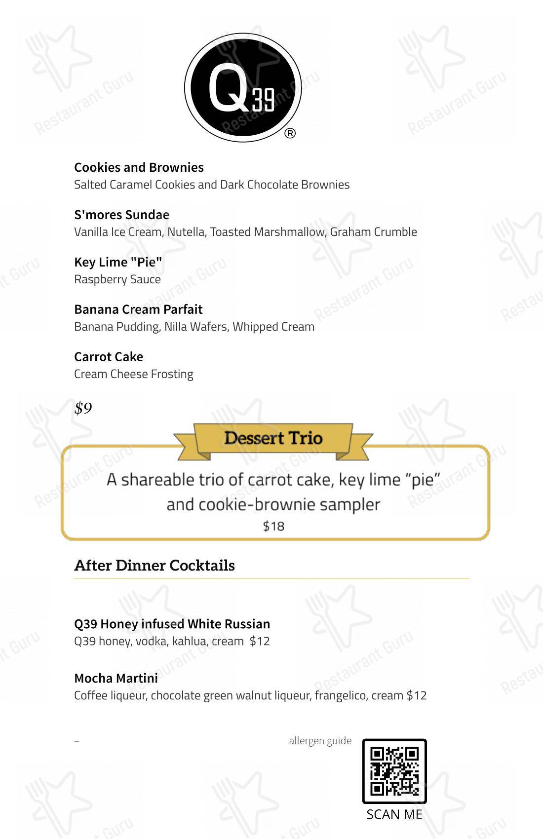 Menu at Q39 - Midtown BBQ, Kansas City
