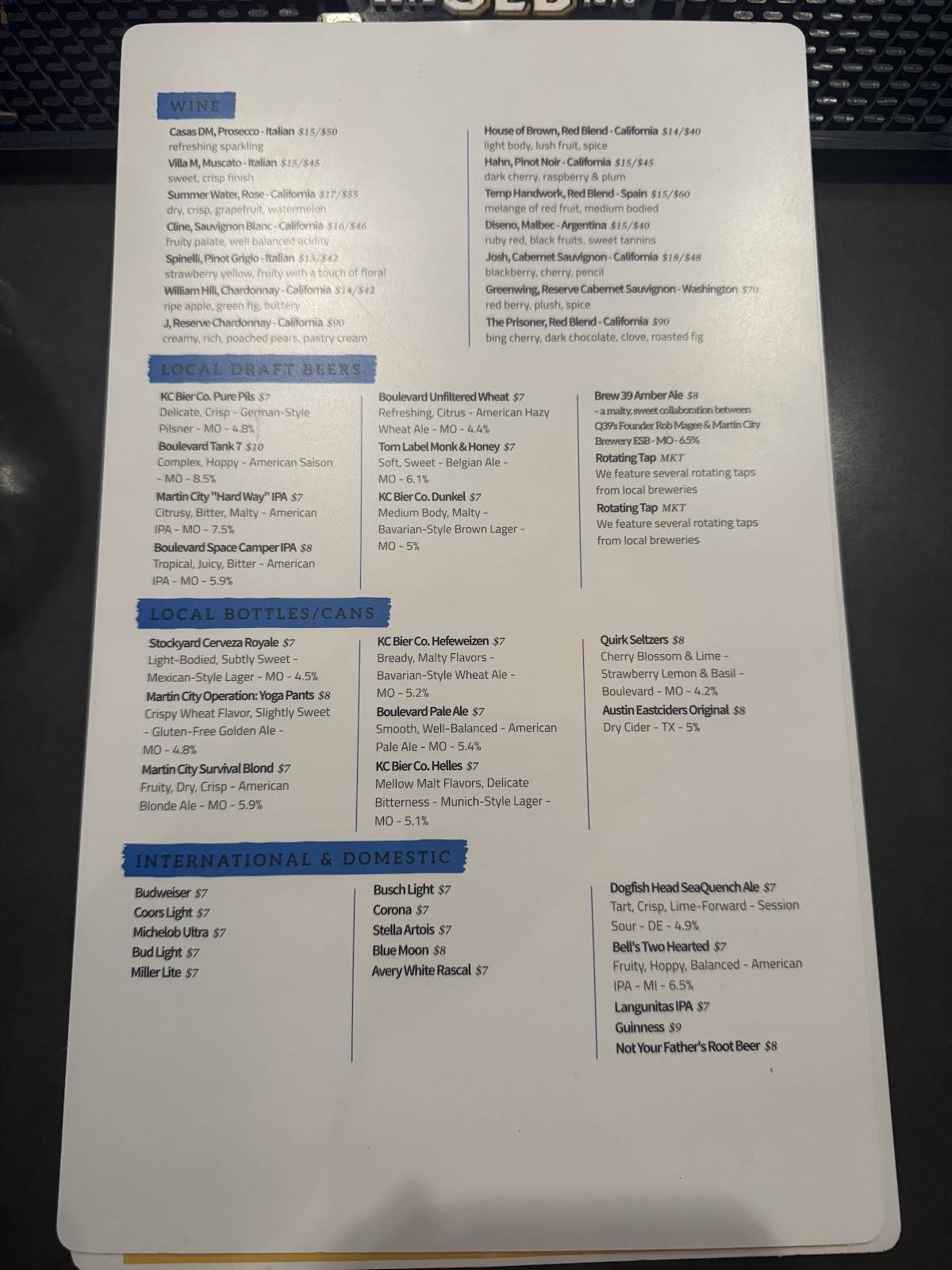 Menu at Q39 - Midtown BBQ, Kansas City