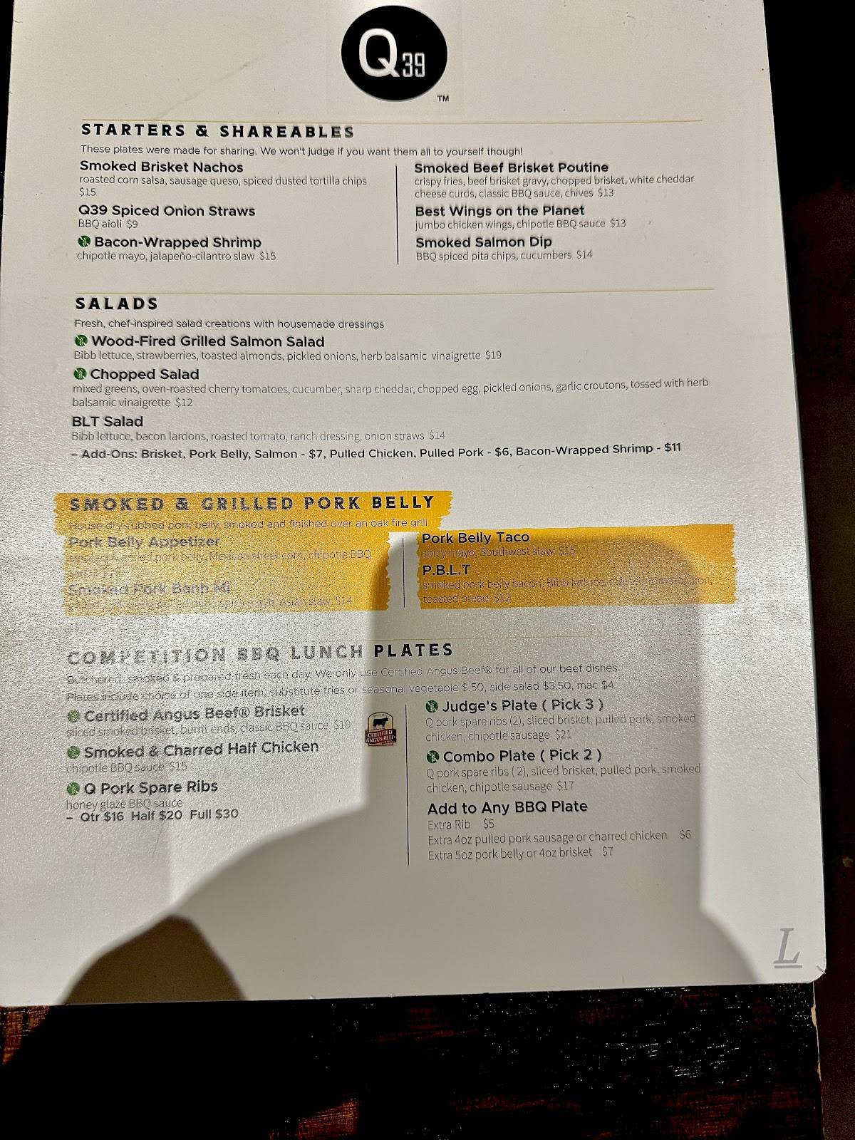 Menu at Q39 - Midtown BBQ, Kansas City