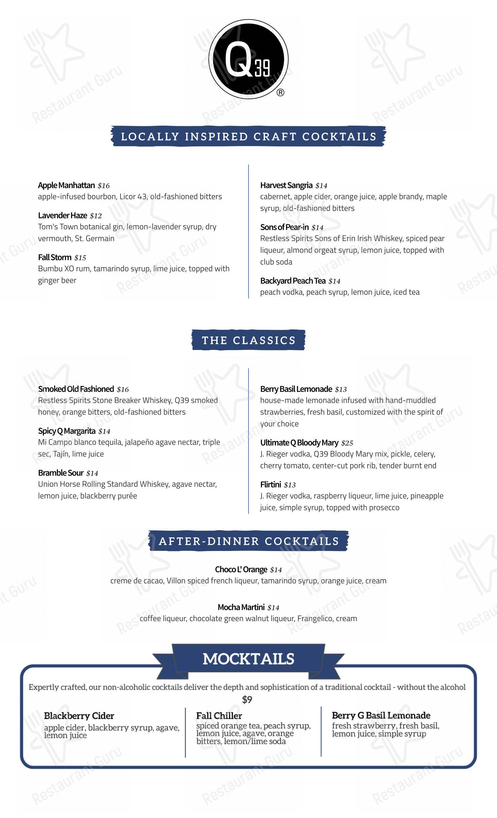 Menu at Q39 - Midtown BBQ, Kansas City