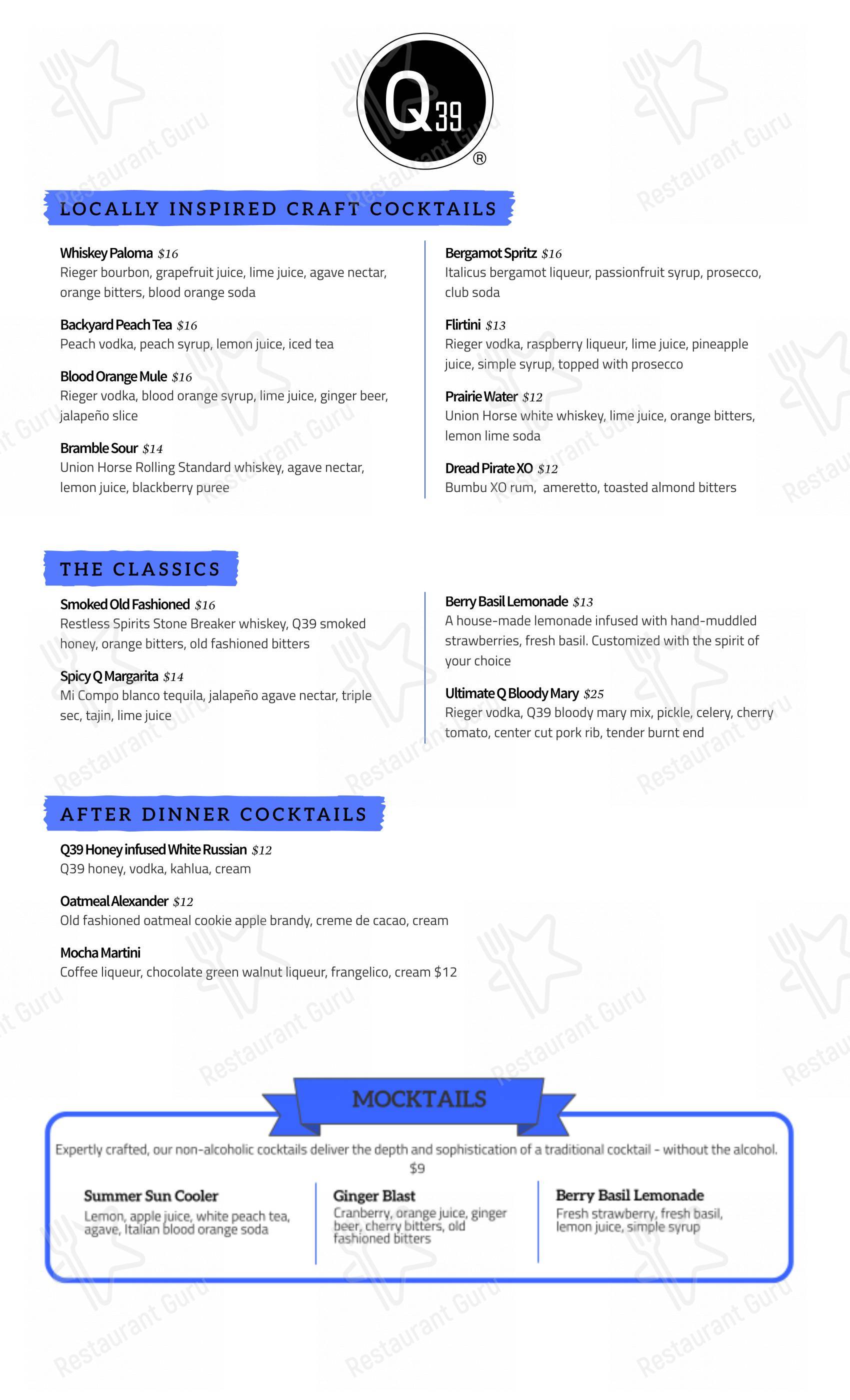 Menu at Q39 - Midtown BBQ, Kansas City