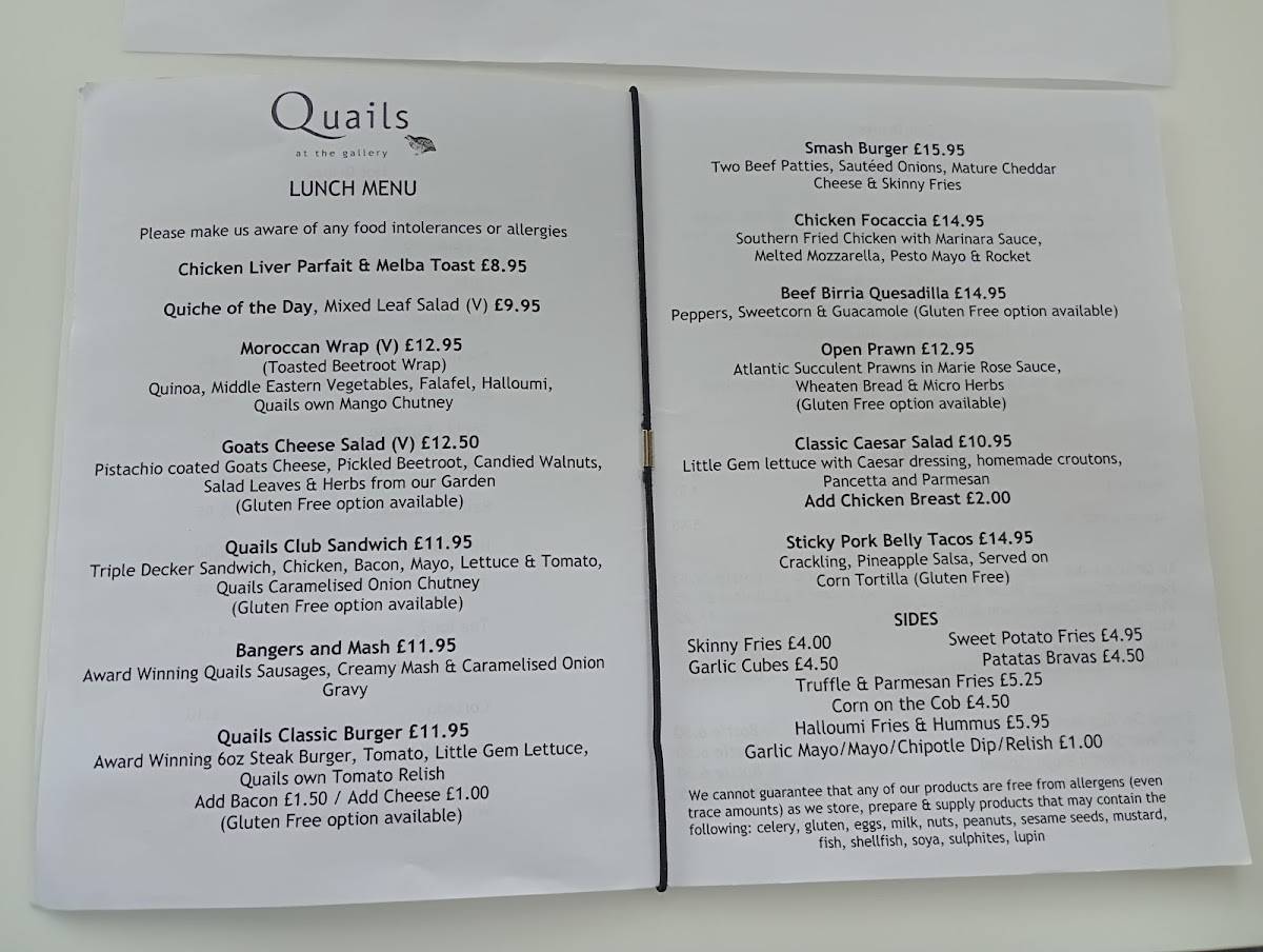 Menu at Quails at the Gallery restaurant, Banbridge