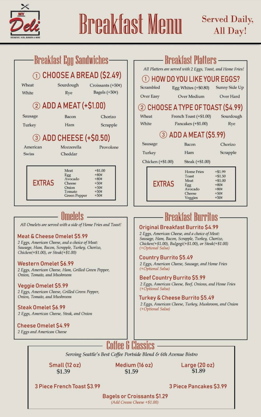 Menu at My Deli restaurant, Quantico