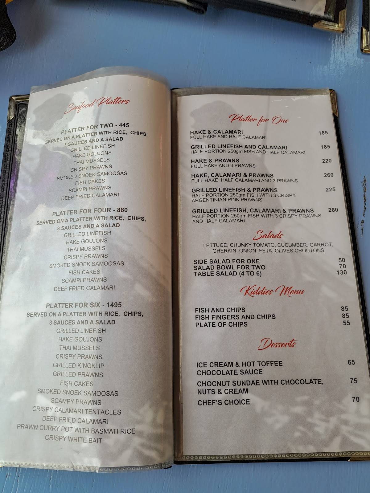 Menu at Quayside Cabin restaurant, Hermanus
