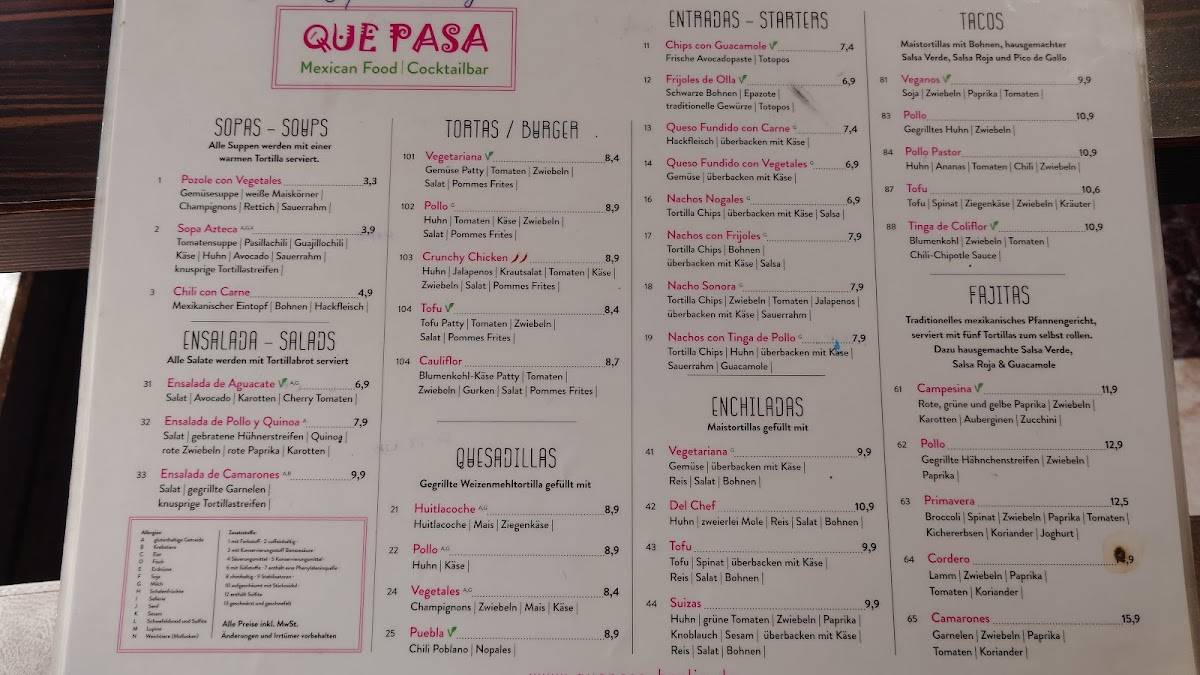 Menu at Que Pasa restaurant, Berlin, Skalitzer Str. 107
