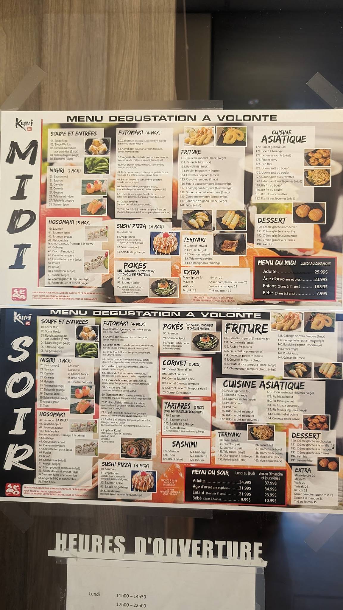 Menu au Sushi Kumi restaurant, Québec, 815 Bd Lebourgneuf
