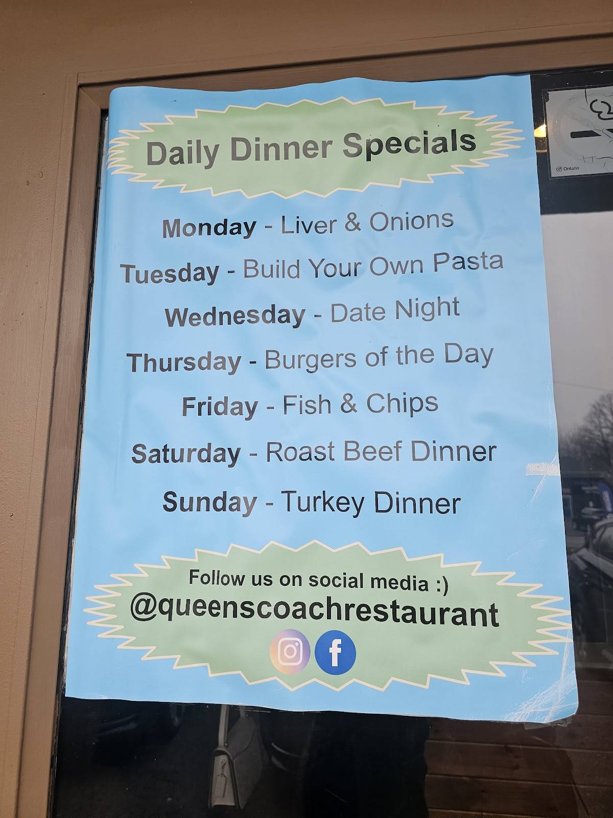 Menu at Queen's Coach Family Restaurant, Niagara Falls