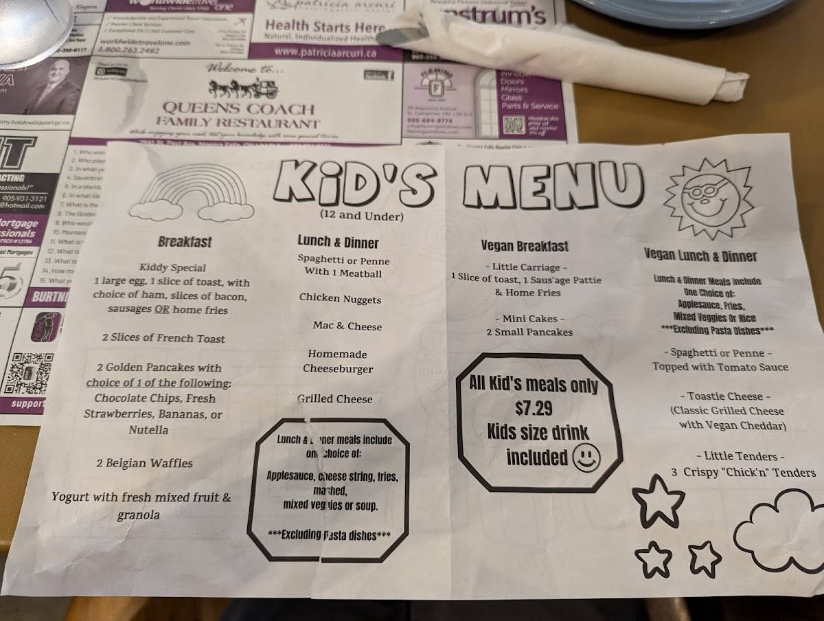 Menu at Queen's Coach Family Restaurant, Niagara Falls