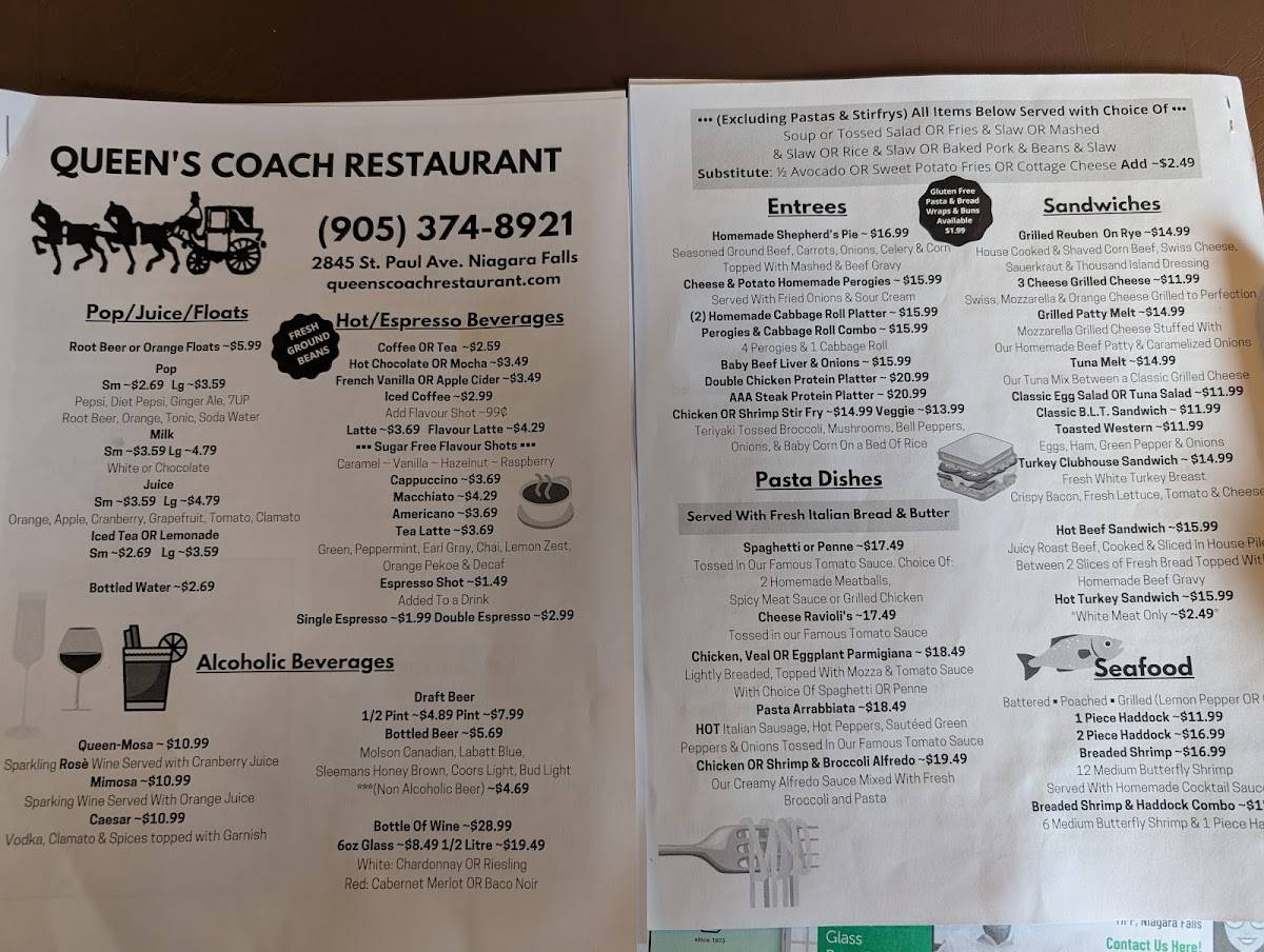 Menu at Queen's Coach Family Restaurant, Niagara Falls