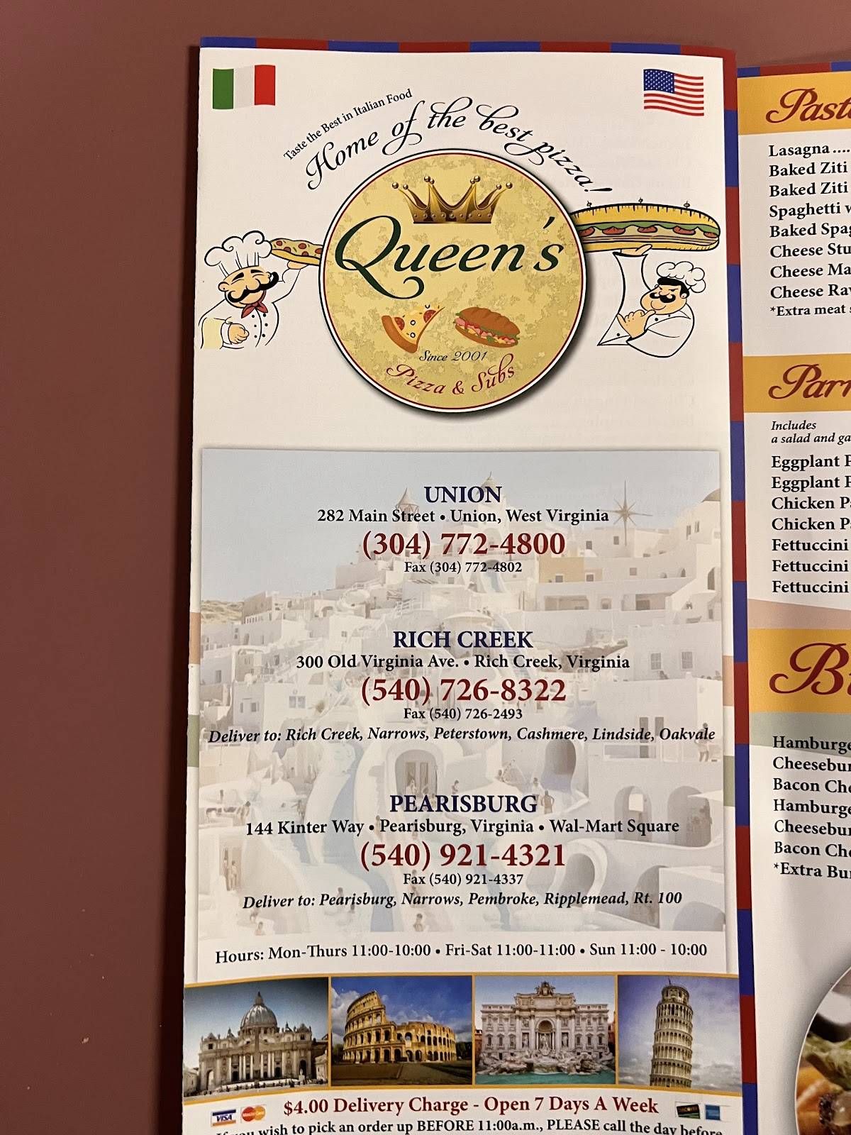 Menu at Queen's Pizza & Subs pizzeria, Rich Creek