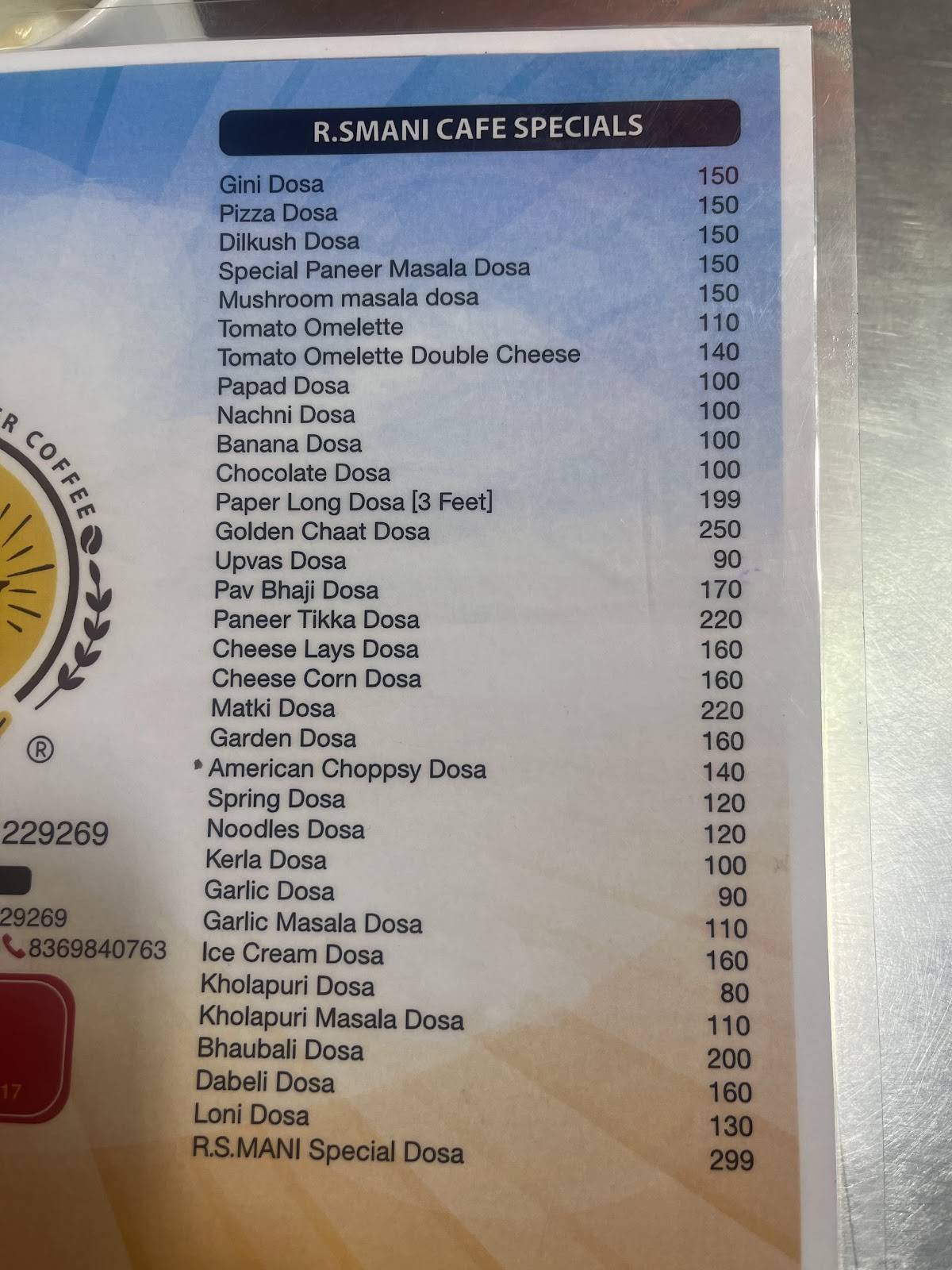Menu at R S Mani Cafe, Mumbai, Shop no13&14