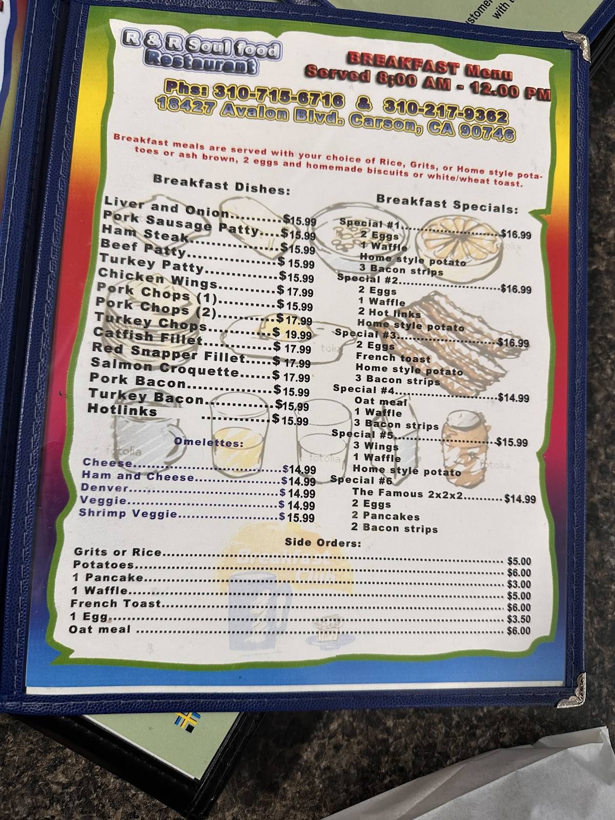 Menu at R & R Soulfood restaurant, Carson