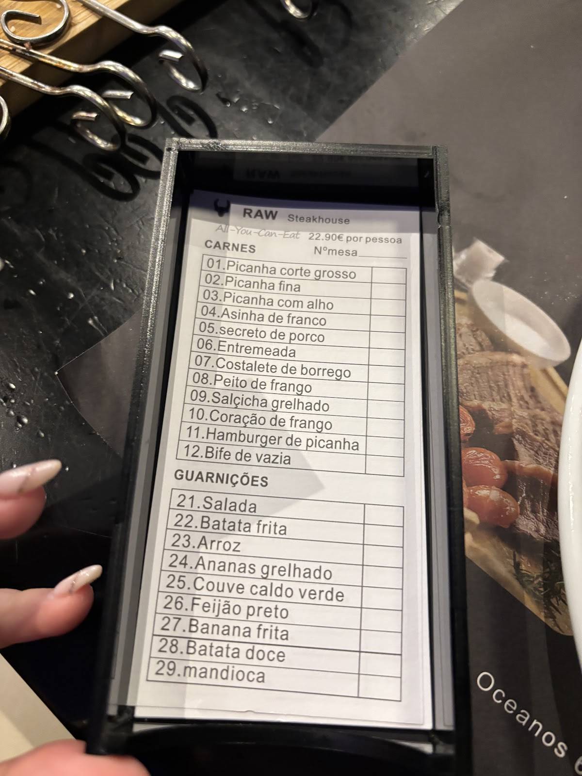 Menu em RAW steakhouse, Lisboa