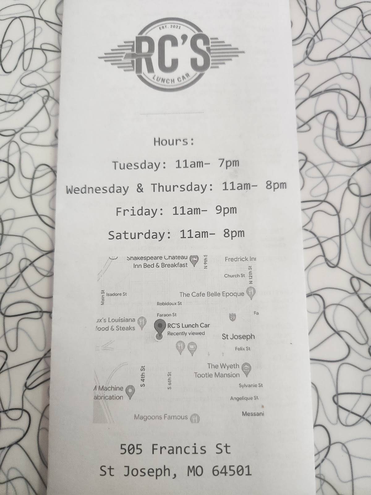 Menu at RC'S Lunch Car restaurant, Saint Joseph