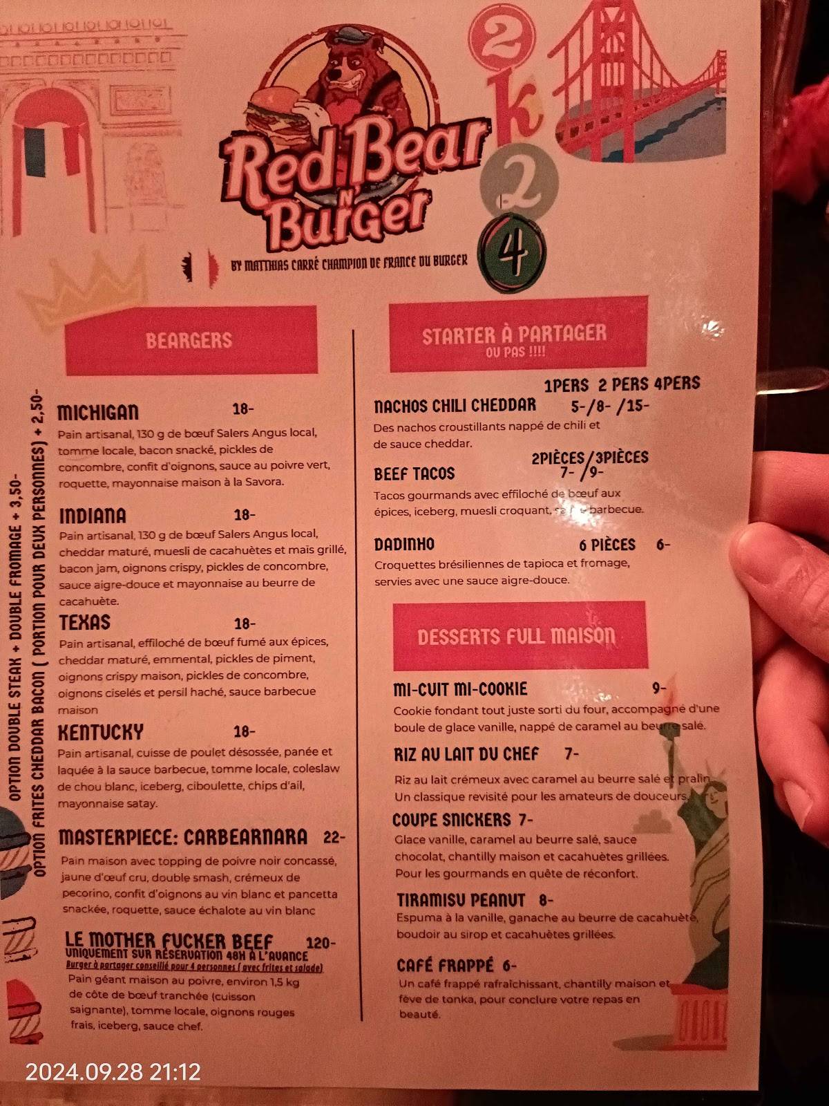 Menu au RED BEAR N’ BURGER ᙅᖾᥲຕρɩoᥒ ᑯᥱ ᖴɾᥲᥒᥴᥱ ᑯᥙ ᑲᥙɾɠᥱɾ restaurant ...