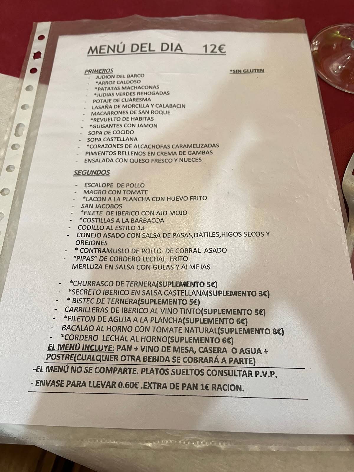 Carta de RESTAURANTE EL TRECE, Piedralaves