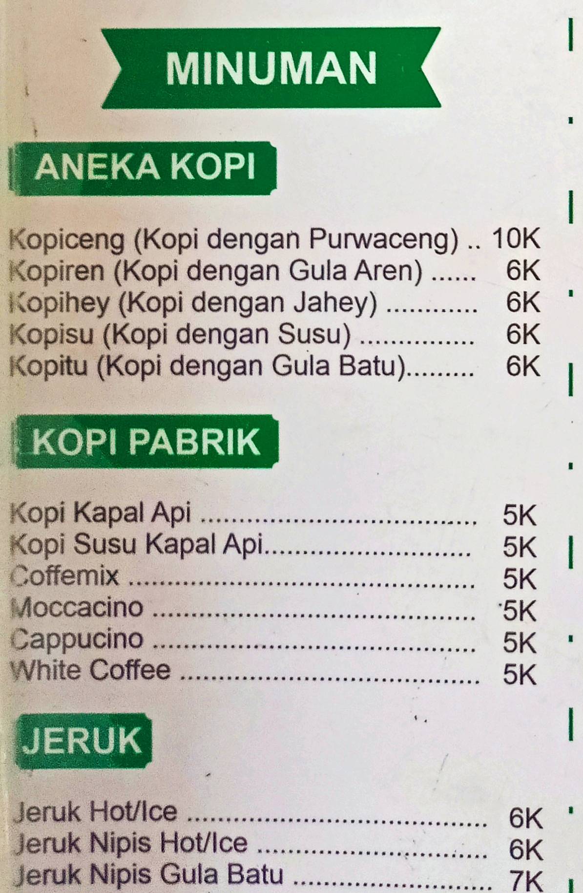 Menu at Rumah Makan Harmoni restaurant, Wonosobo