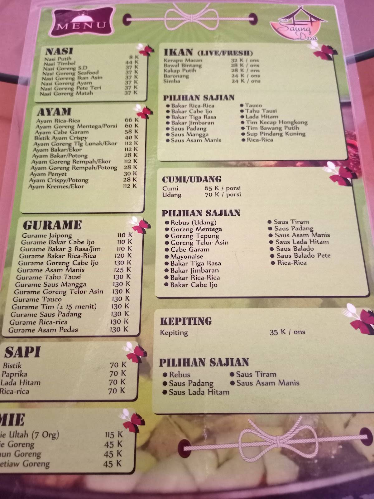 Menu at RM Saung Desa restaurant, Bandar Lampung