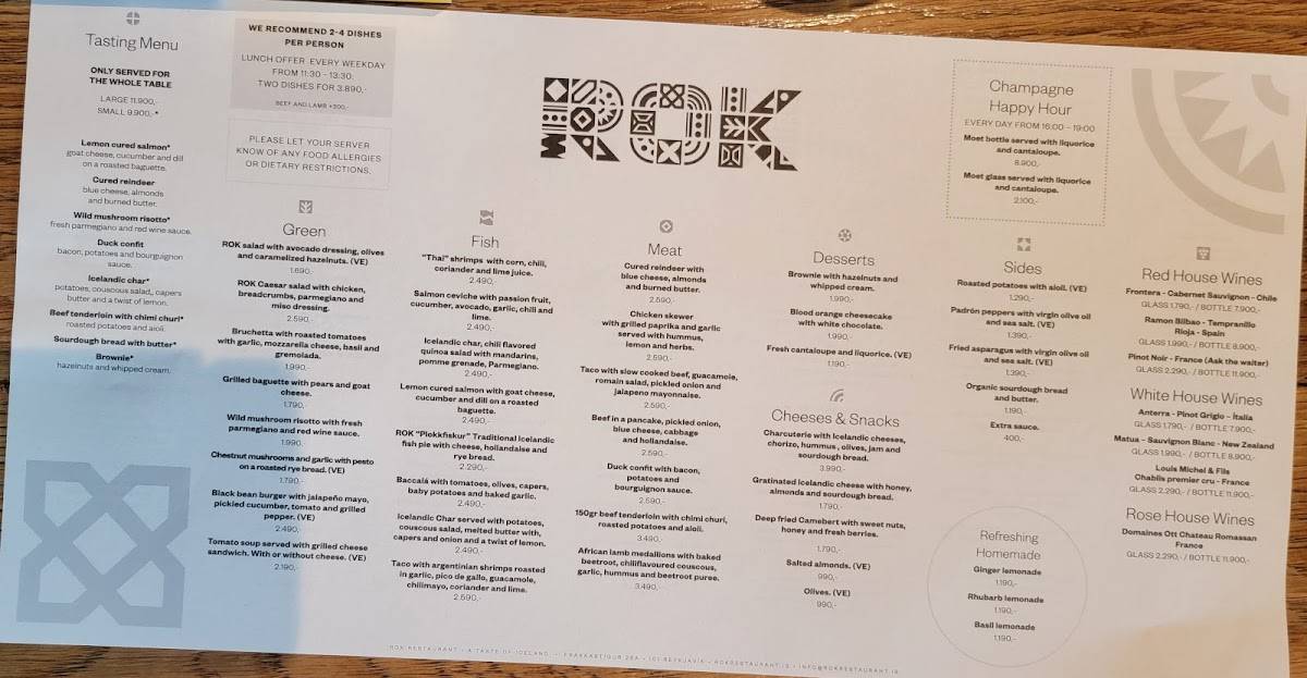 Menu at ROK restaurant, Reykjavík