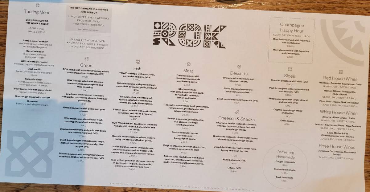 Menu at ROK restaurant, Reykjavík