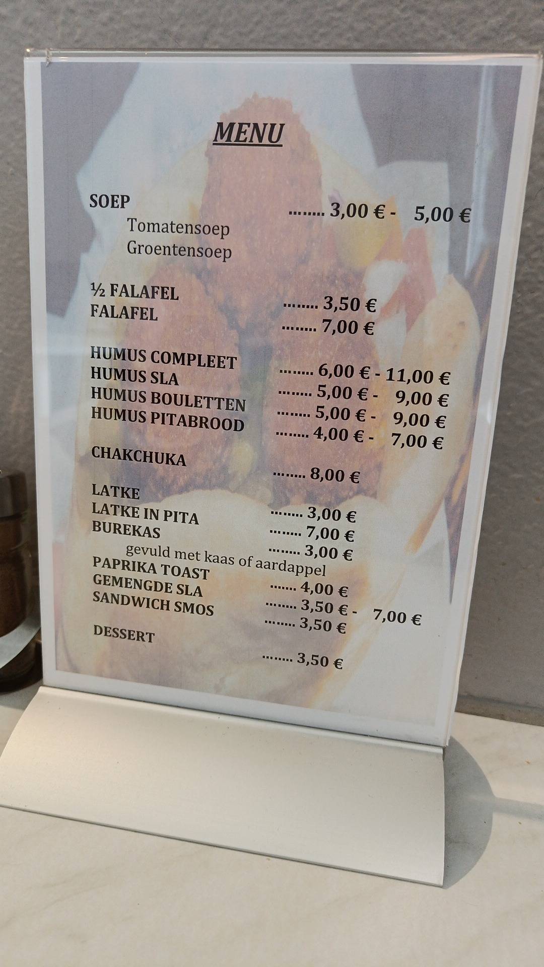 Menu at Rachel's Falafel restaurant, Antwerp