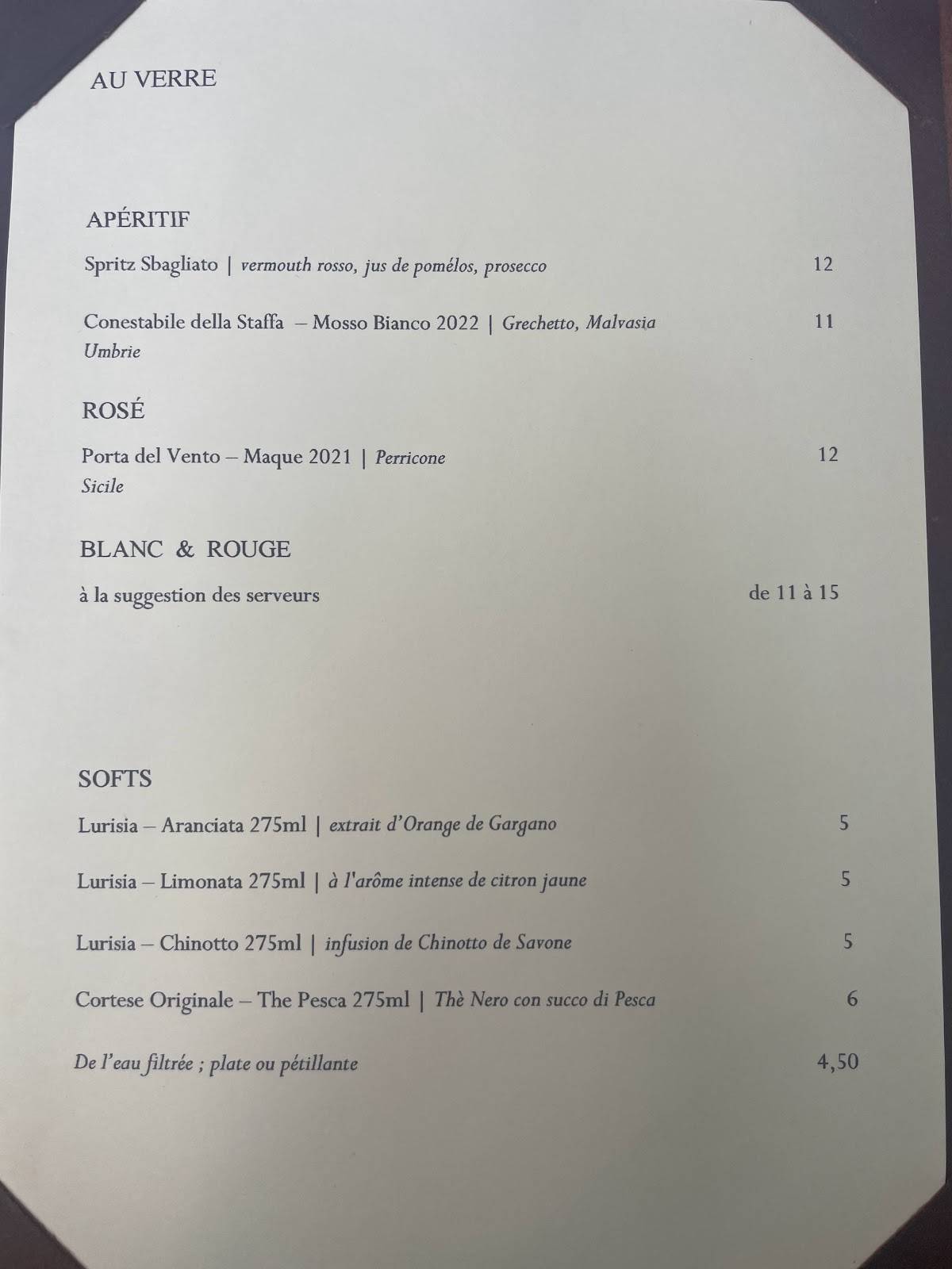 Menu at Racines restaurant, Paris, 8 Pass. des Panoramas