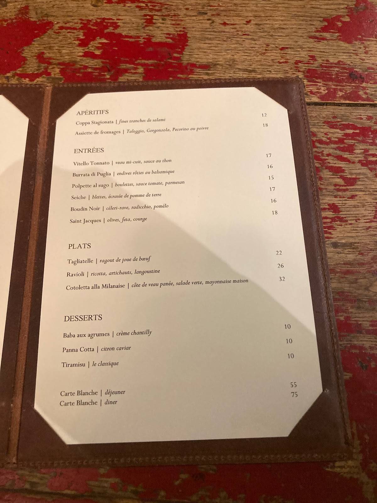 Menu at Racines restaurant, Paris, 8 Pass. des Panoramas