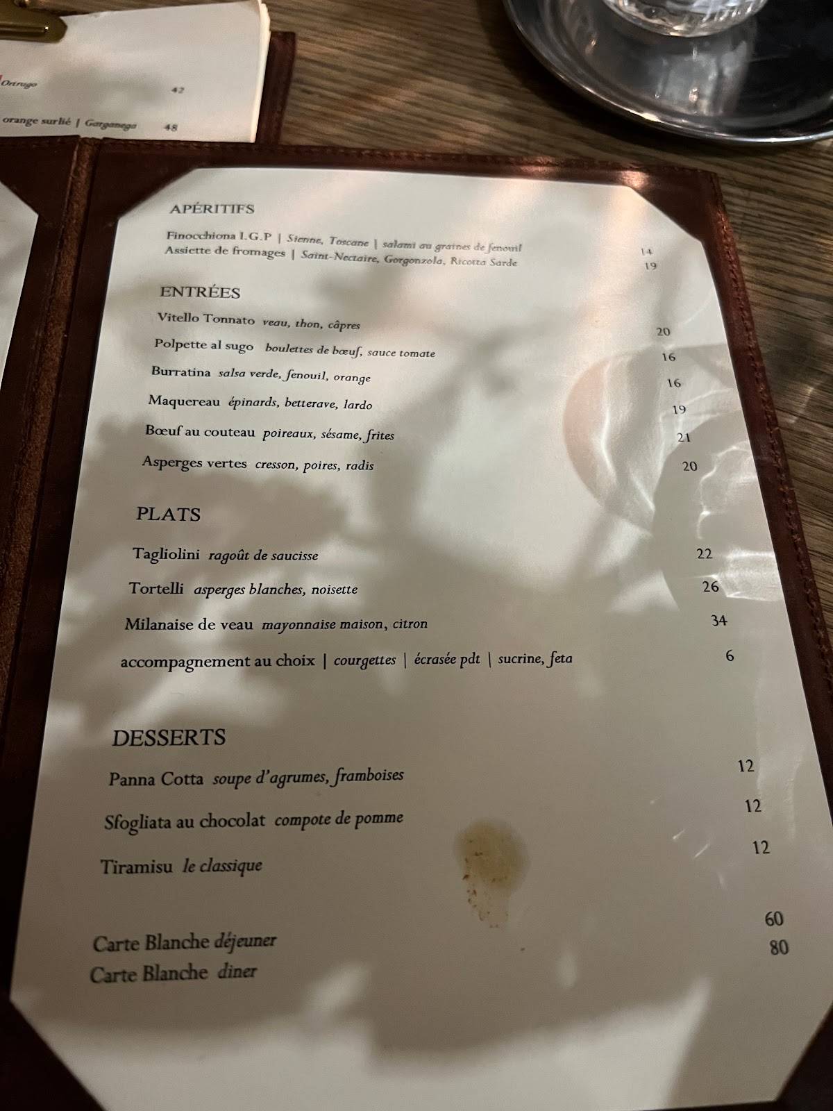 Menu at Racines restaurant, Paris, 8 Pass. des Panoramas