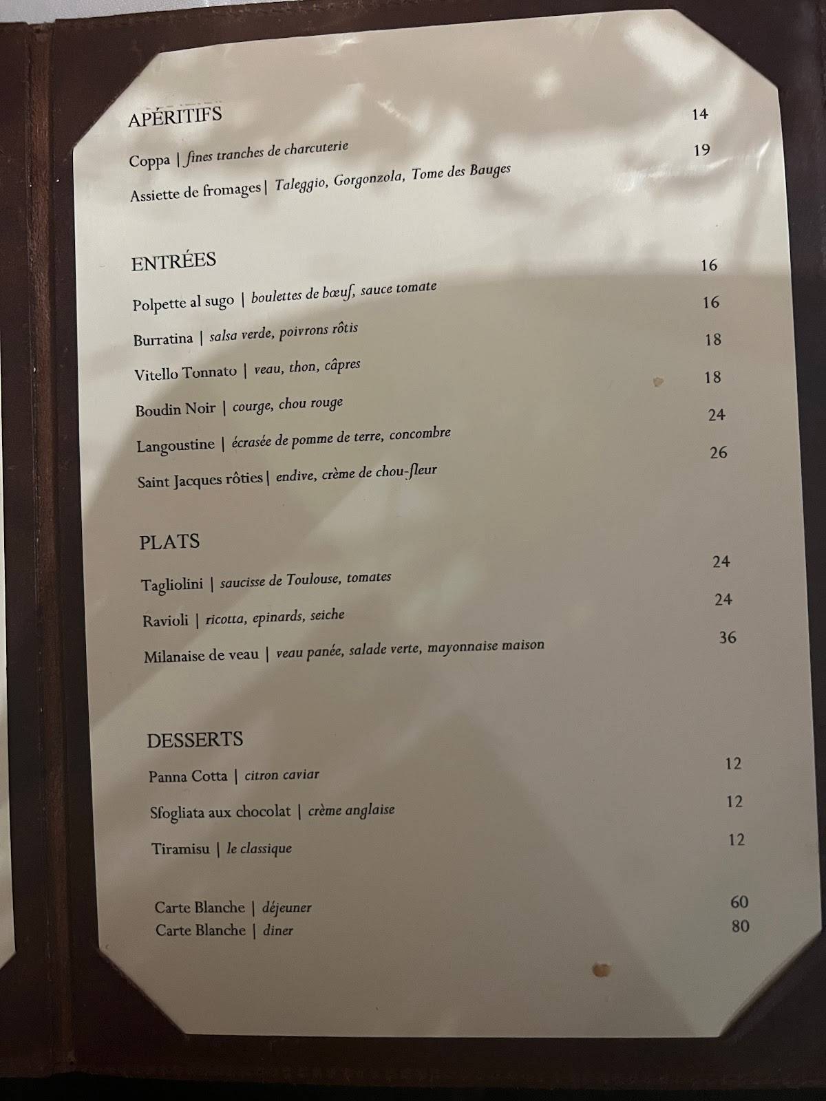 Menu at Racines restaurant, Paris, 8 Pass. des Panoramas