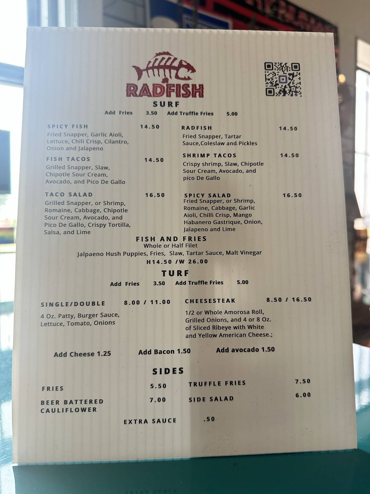 Menu at Radfish restaurant, Austin