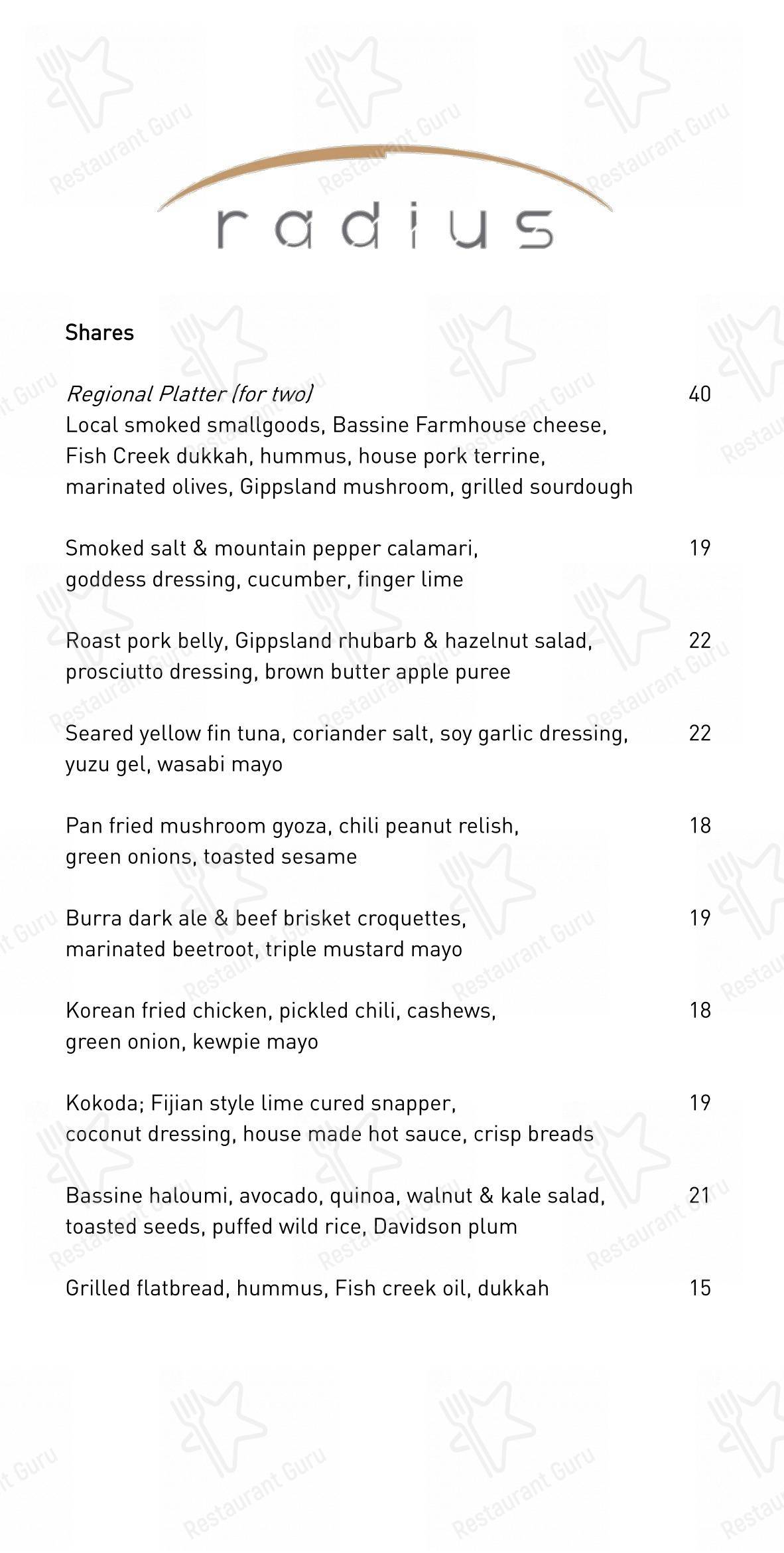 Menu at Radius Restaurant, Inverloch, 70 Cape Paterson-Inverloch Rd