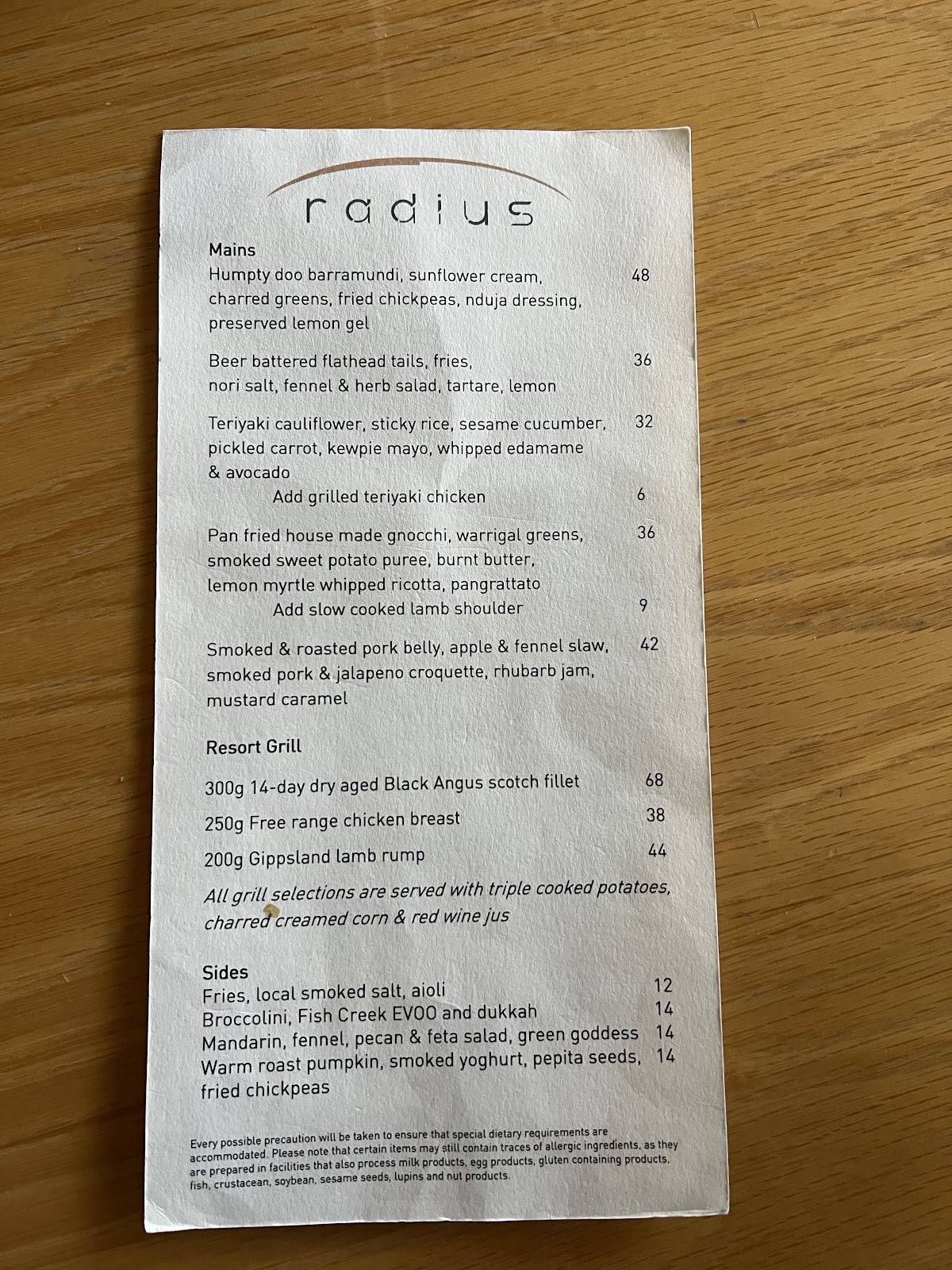 Menu at Radius Restaurant, Inverloch, 70 Cape Paterson-Inverloch Rd