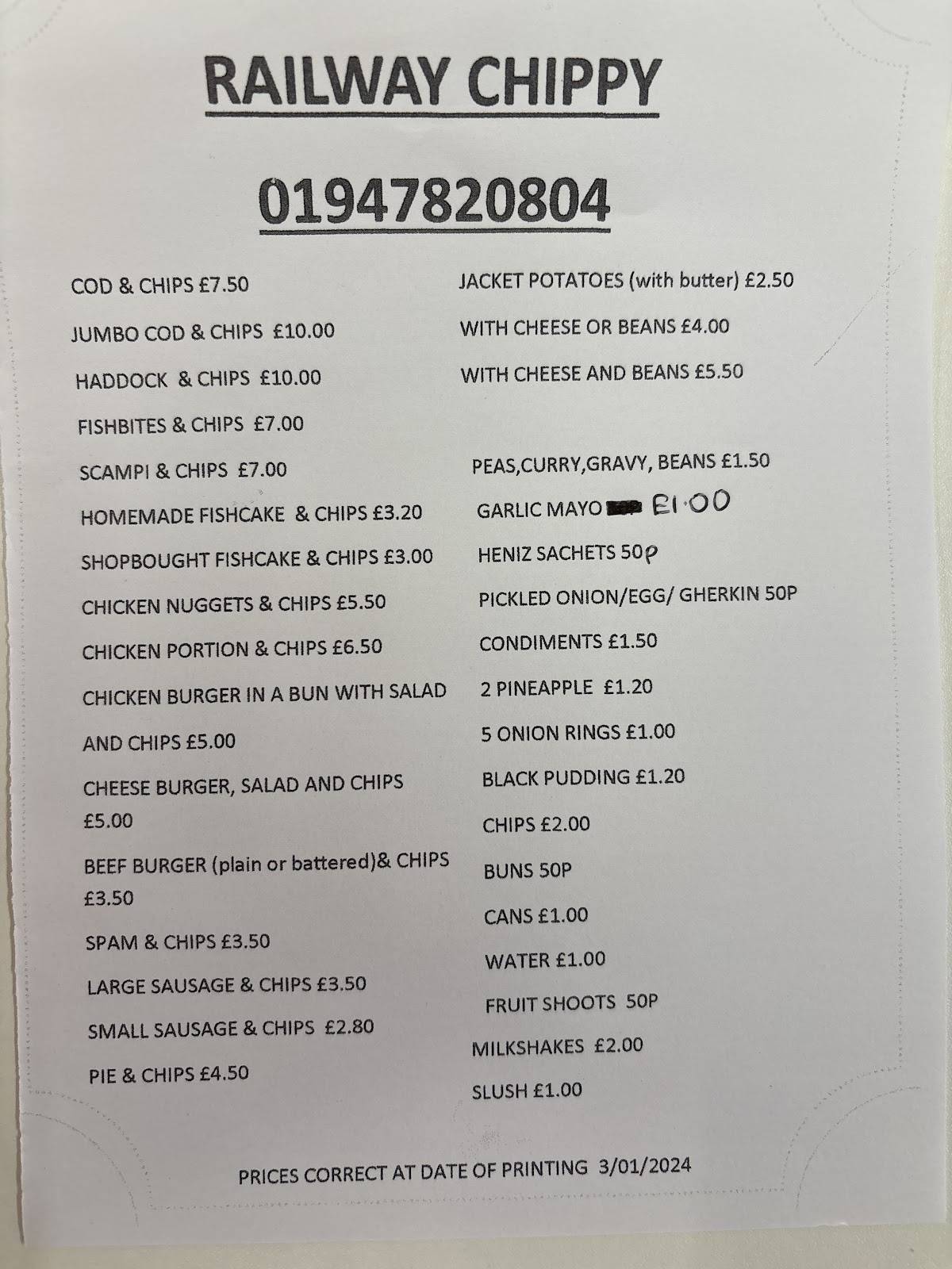 Menu at Railway Chippy fast food, Whitby