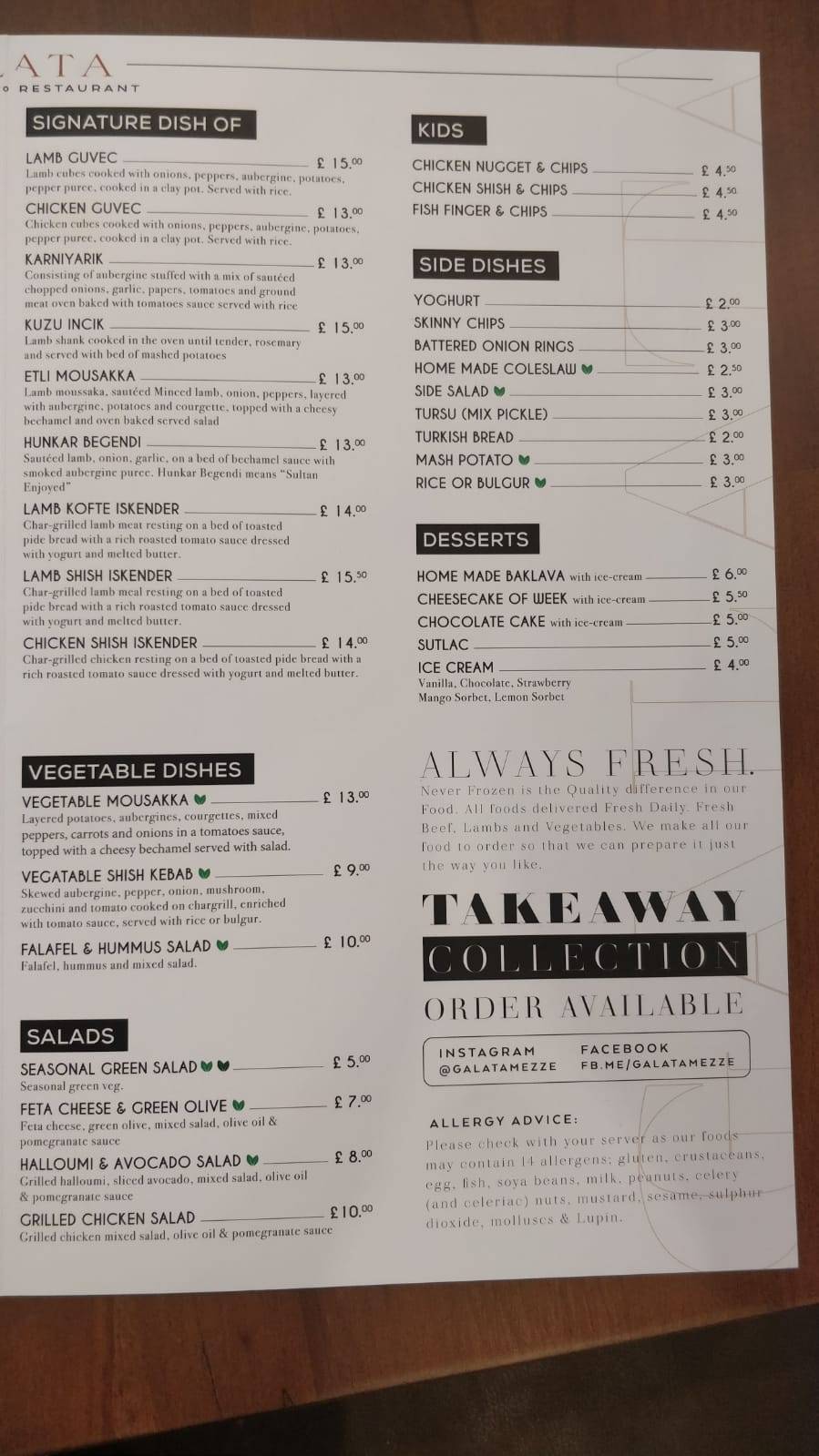 Menu at Galata Mezze Restaurant & Bar, Rainham