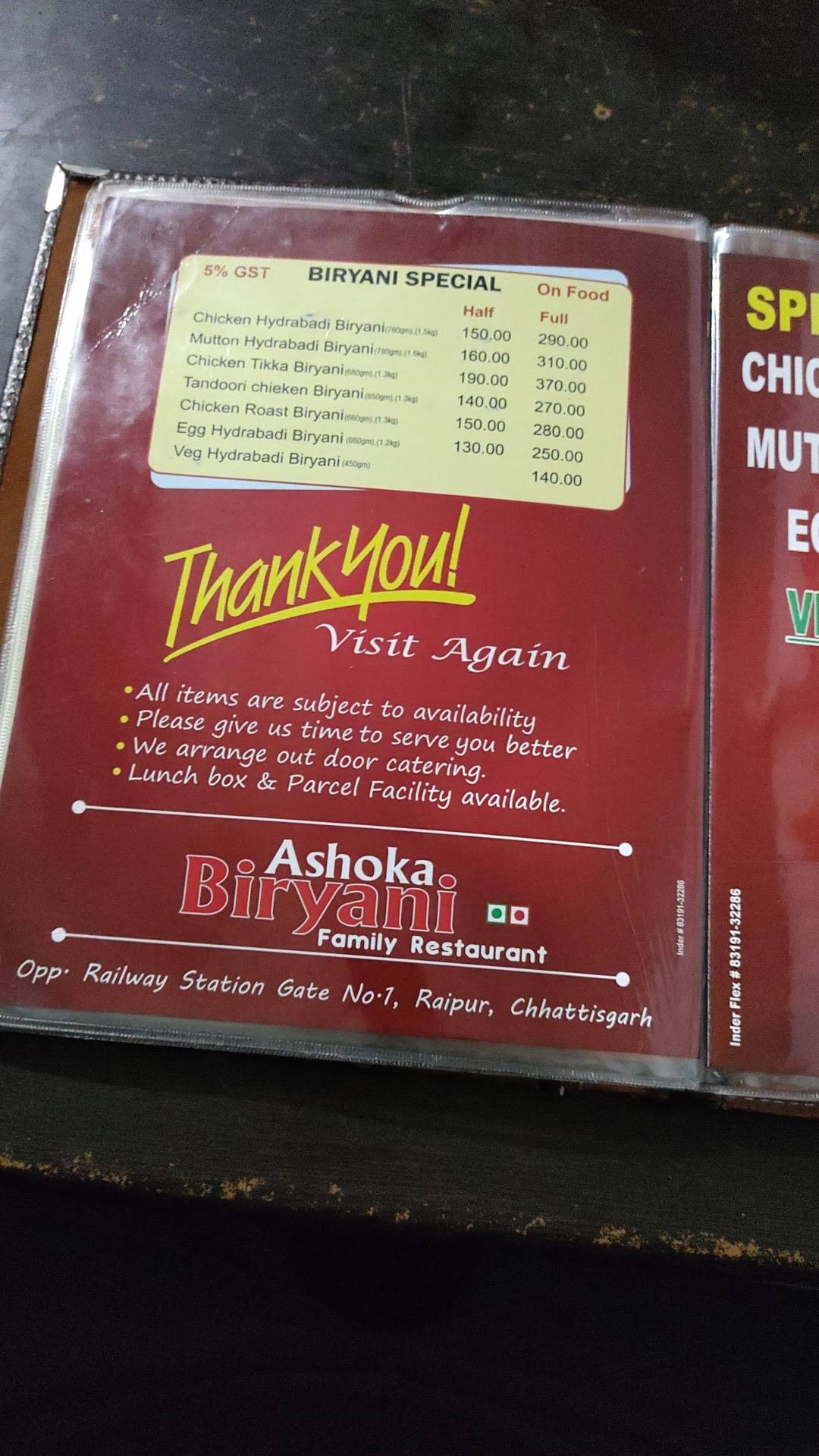 Menu at Ashoka Biryani, Raipur, 7J4J+PF3