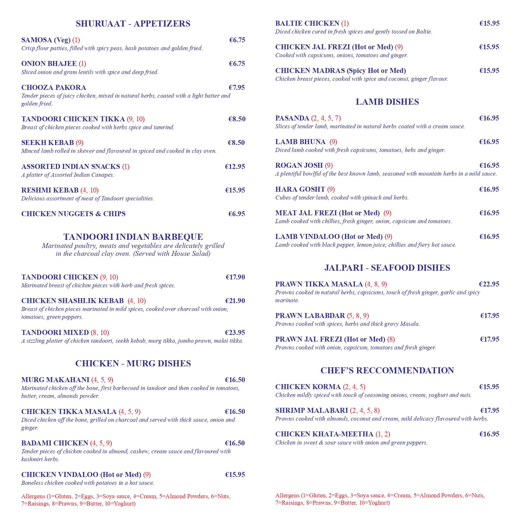 Menu at Raj Gaylord Indian Restaurant, Cork, Ballycannon carrigrohane